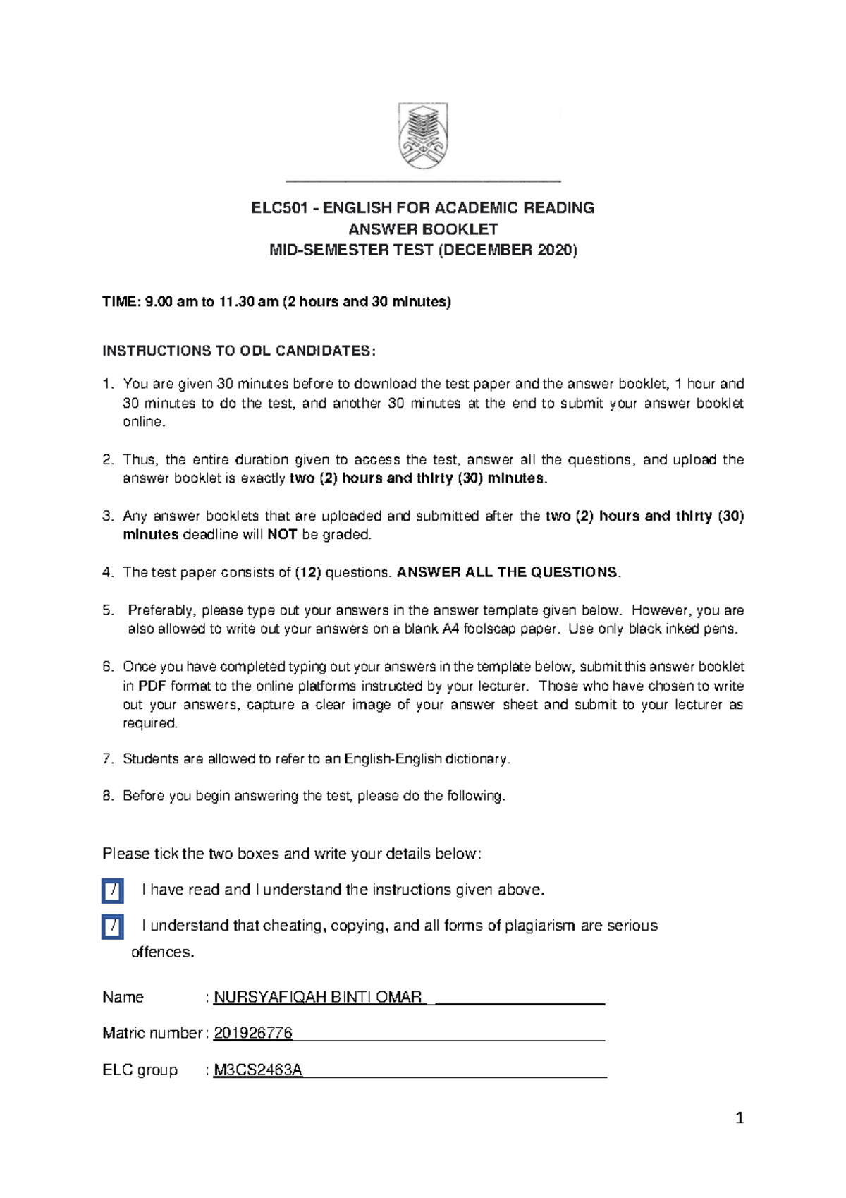Answer Booklet-ELC501 e Test Dec2020 1 - ELC501 - ENGLISH FOR ACADEMIC ...