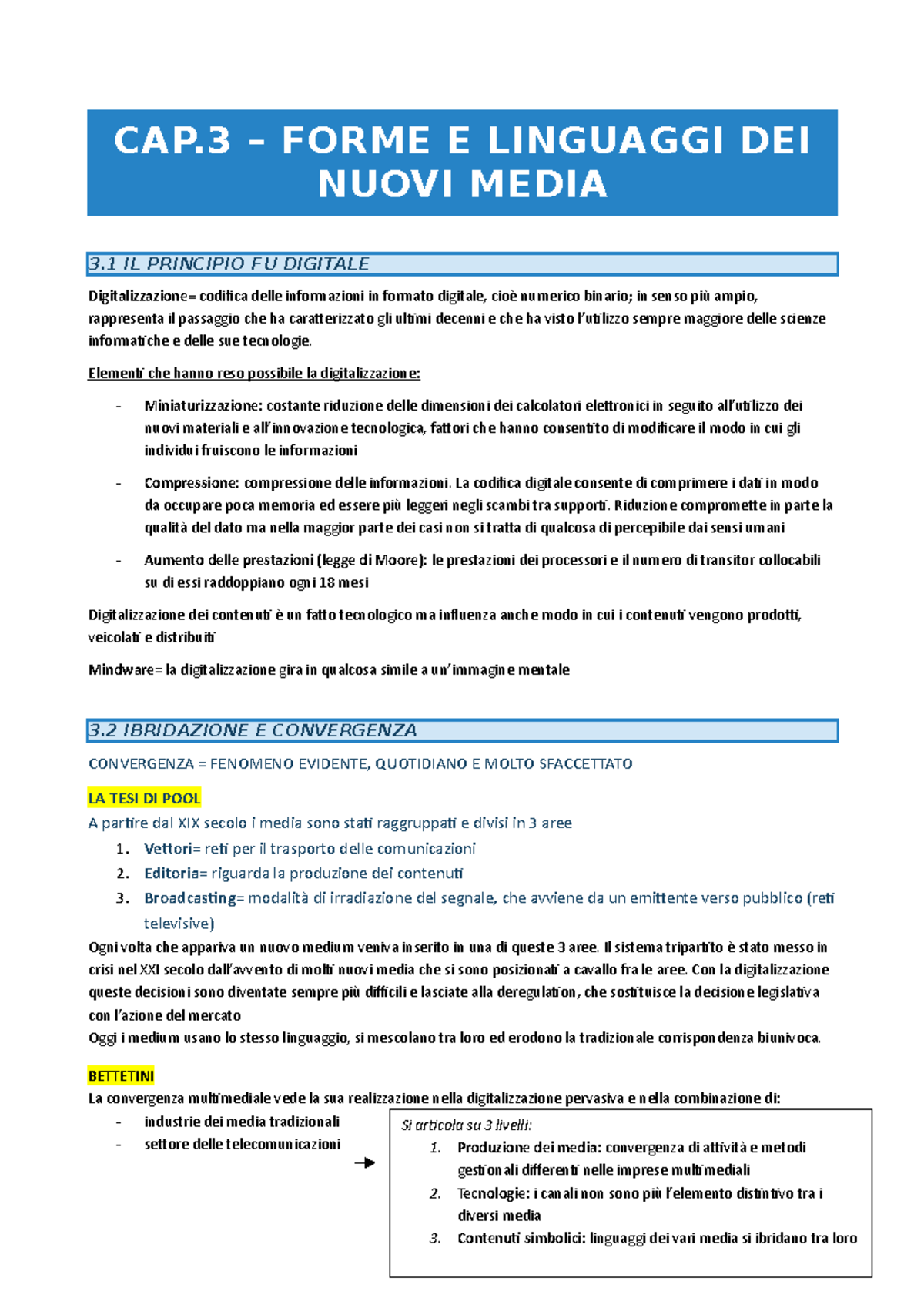 CAP 3 media digitali - riassunto schematico dei paragrafi del capitolo ...