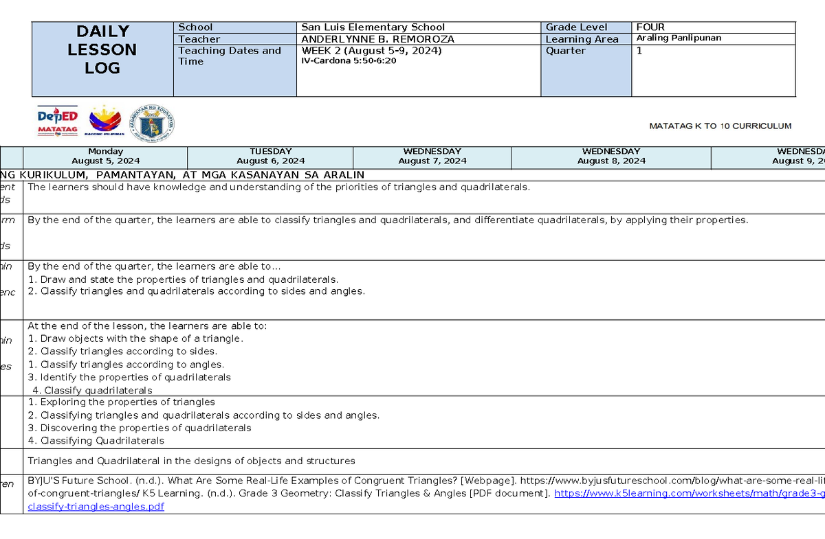 NMP-Q1-week 2-DLL - NATIONAL MATHEMATICS PROGRAM - DAILY LESSON LOG ...