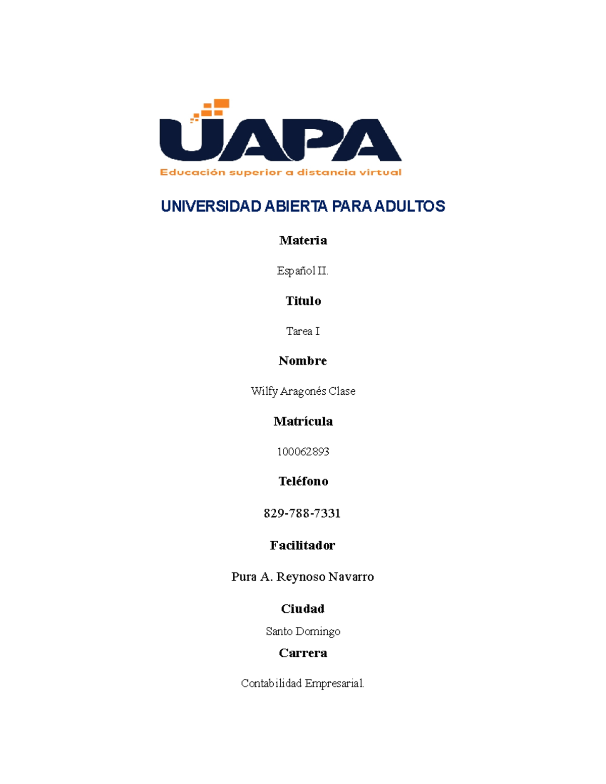 Tarea l Esp II - UNIVERSIDAD ABIERTA PARA ADULTOS Materia ...