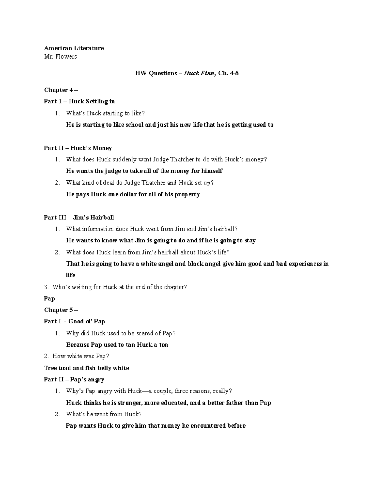 '20 - Huck Finn - HW Questions - The Real Ch. 4-6 - American Literature ...