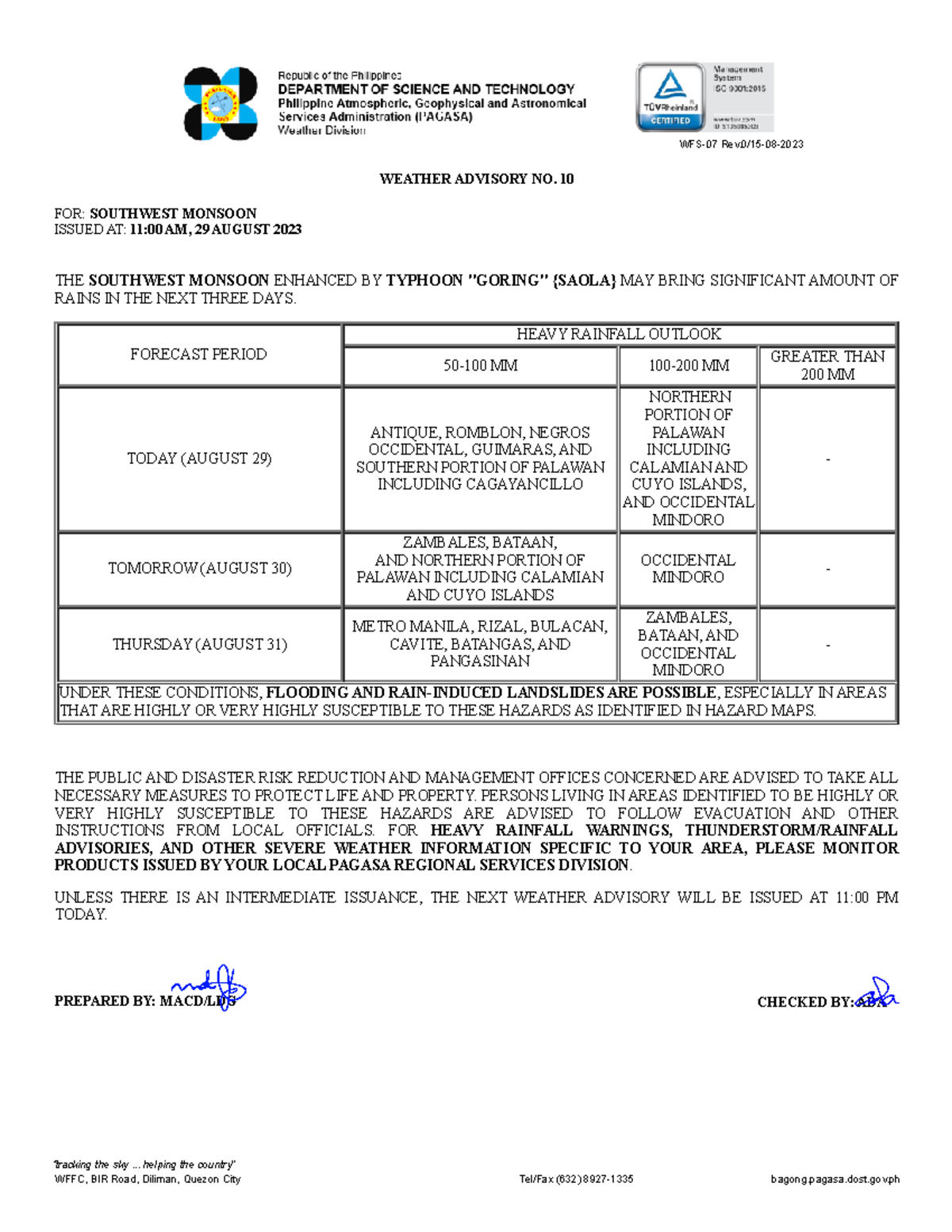 Advisory#10 - FOR WEATHER ONLY - WFS-07 Rev/15-08- WEATHER ADVISORY NO ...