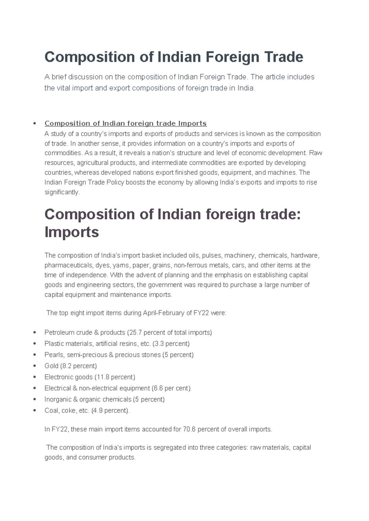 Composition of Indian Foreign Trade - The article includes the vital ...