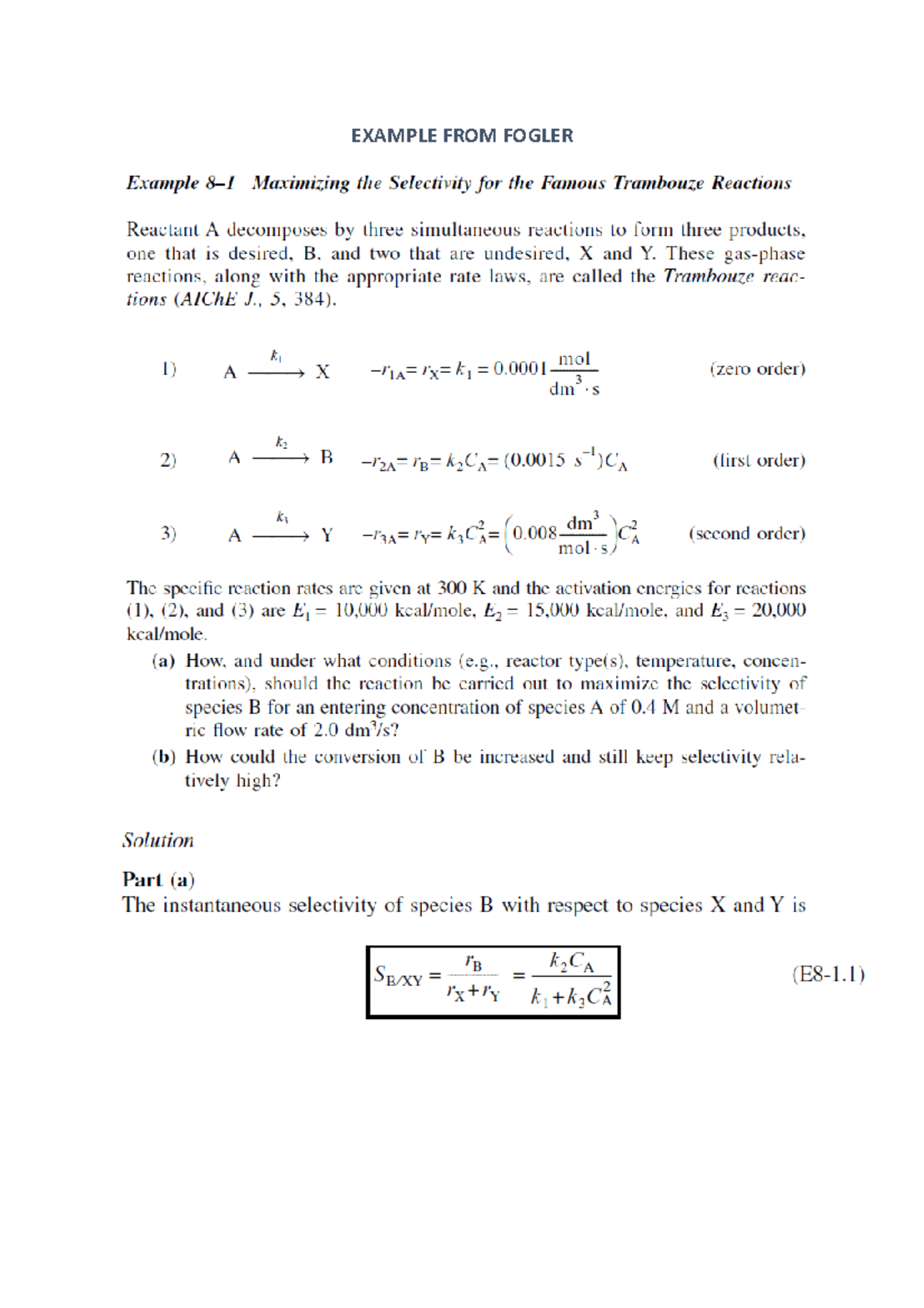 Example 8 -1 FROM Fogler - CET401S - EXAMPLE FROM FOGLER - Studocu
