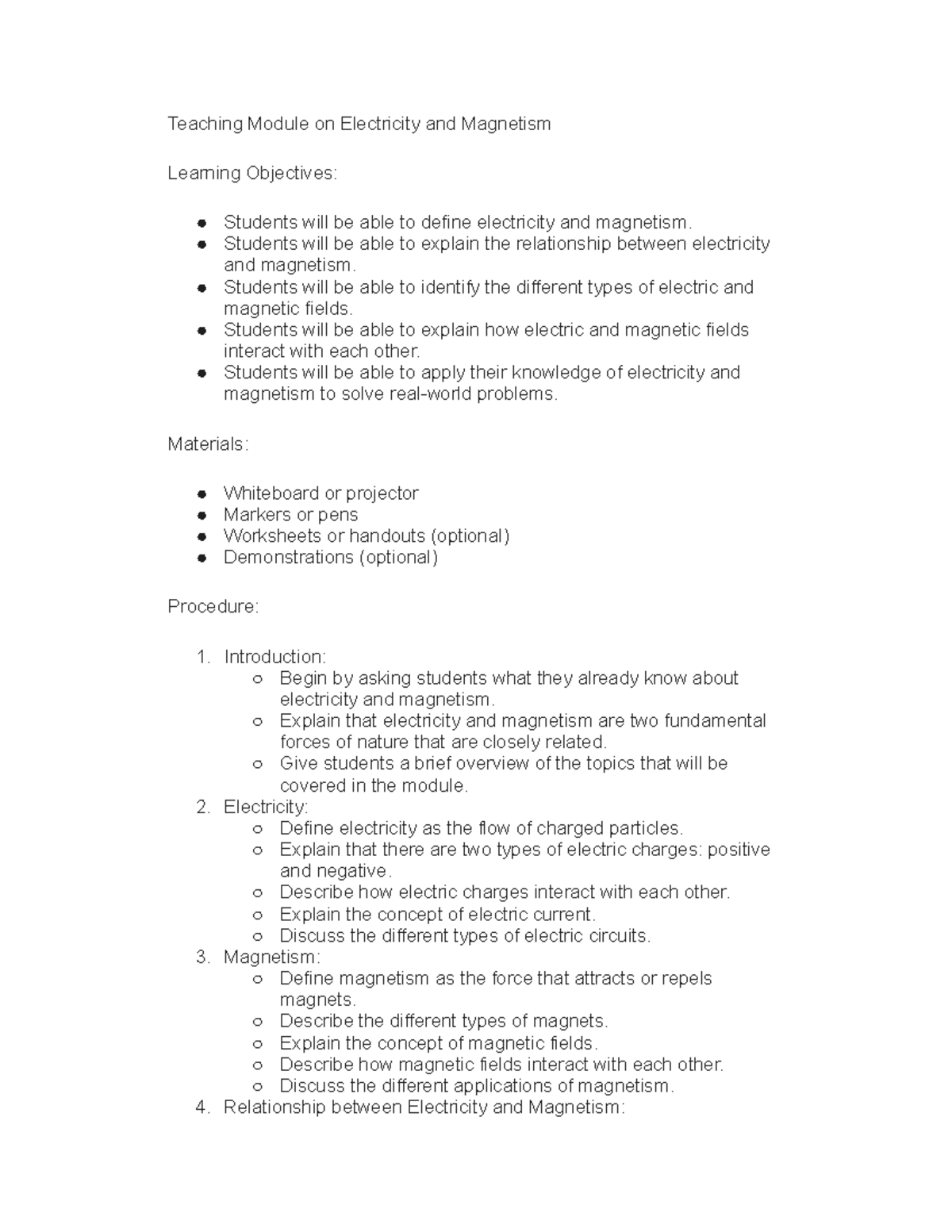 Teaching module on electricity and magnetism without using ...