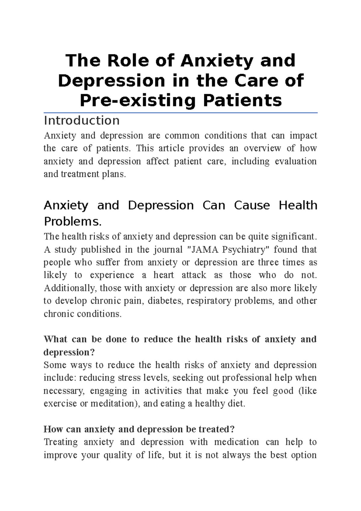 The Role of Anxiety and Depression in the Care of Pre-existing Patients ...