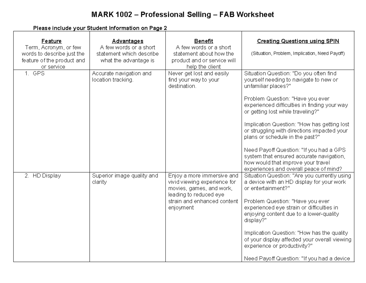 1 MARK 1002- FAB Worksheet - MARK 1002 – Professional Selling – FAB ...