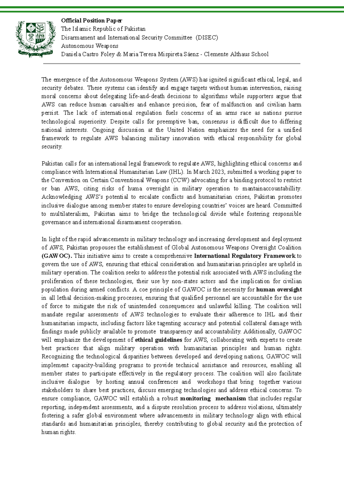 Pakistan -Position Paper - Official Position Paper The Islamic Republic ...