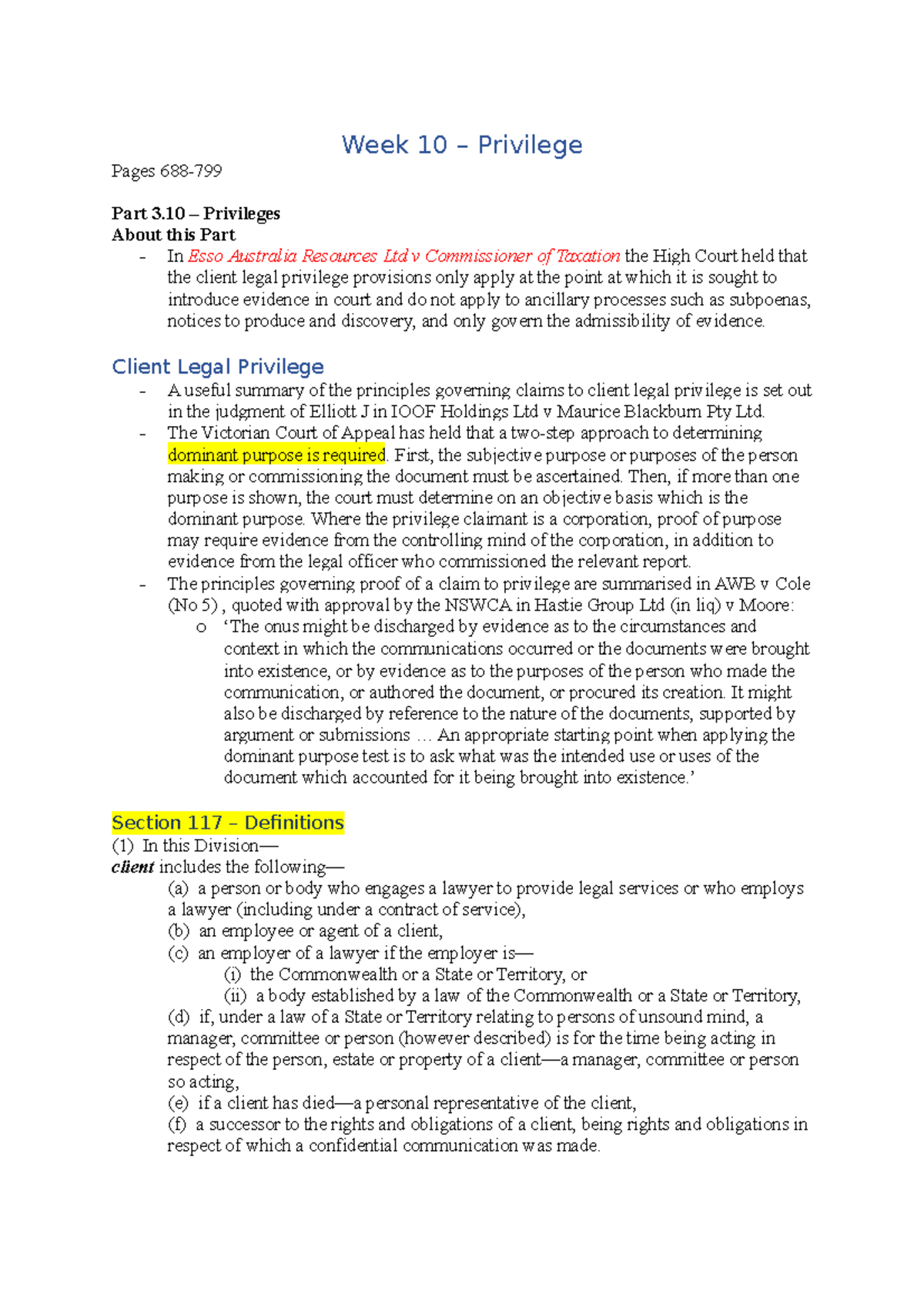 EVIDENCE - Week 10 - Privilege reading notes - Week 10 – Privilege ...