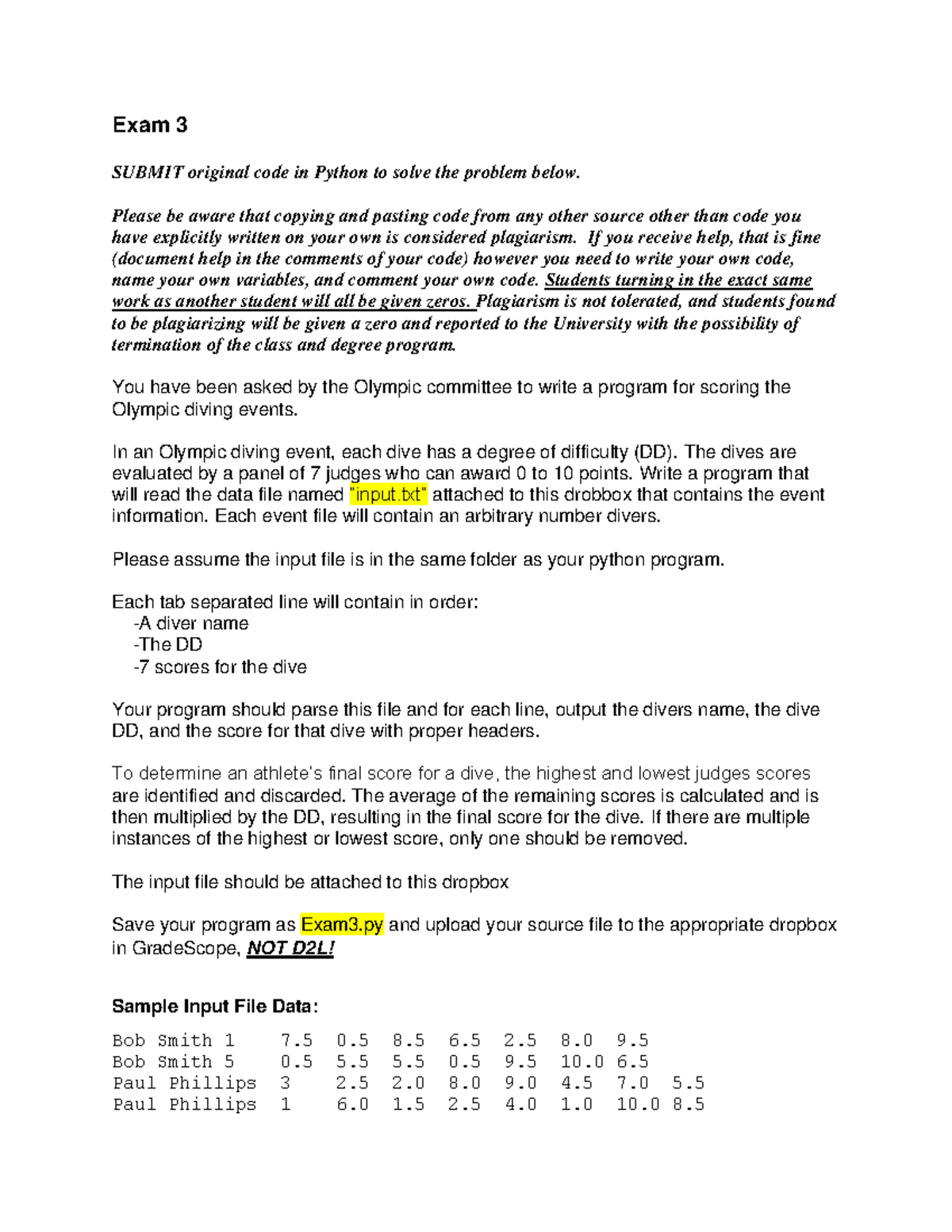 Exam 3 - Diving V 2 - IT 1114 - Programming Principles - Spring 2023 ...