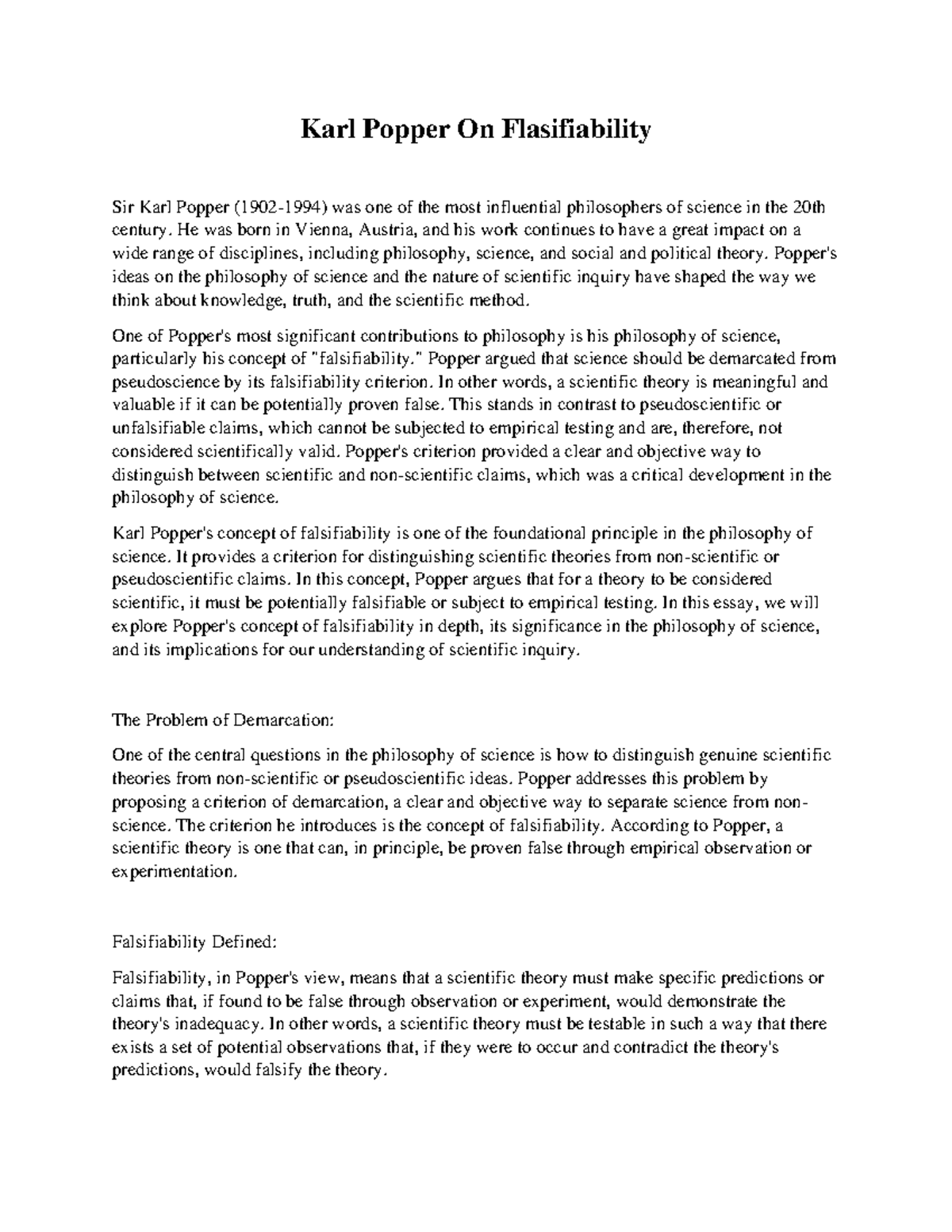 Popper Assignment - Karl Popper On Flasifiability Sir Karl Popper (1902 ...