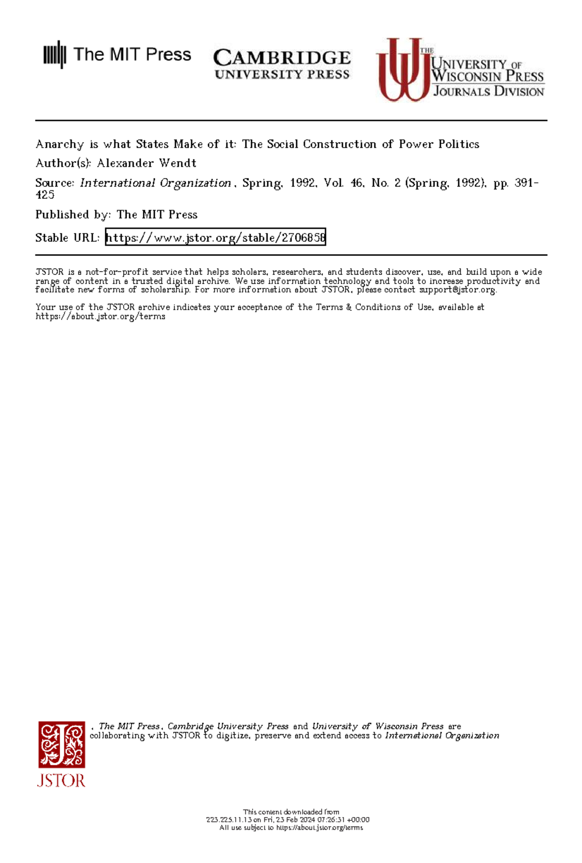 Wendt-Anarchy States Make-1992 - Anarchy is what States Make of it: The ...