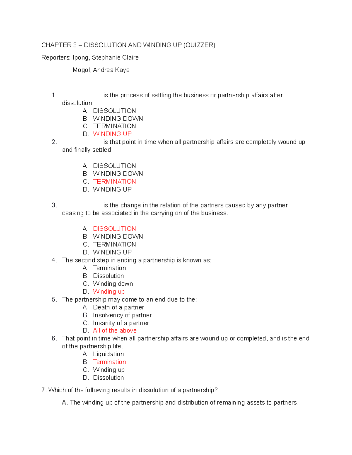 Dissolution AND Winding UP Quizzer - CHAPTER 3 – DISSOLUTION AND WINDING UP (QUIZZER) Reporters ...