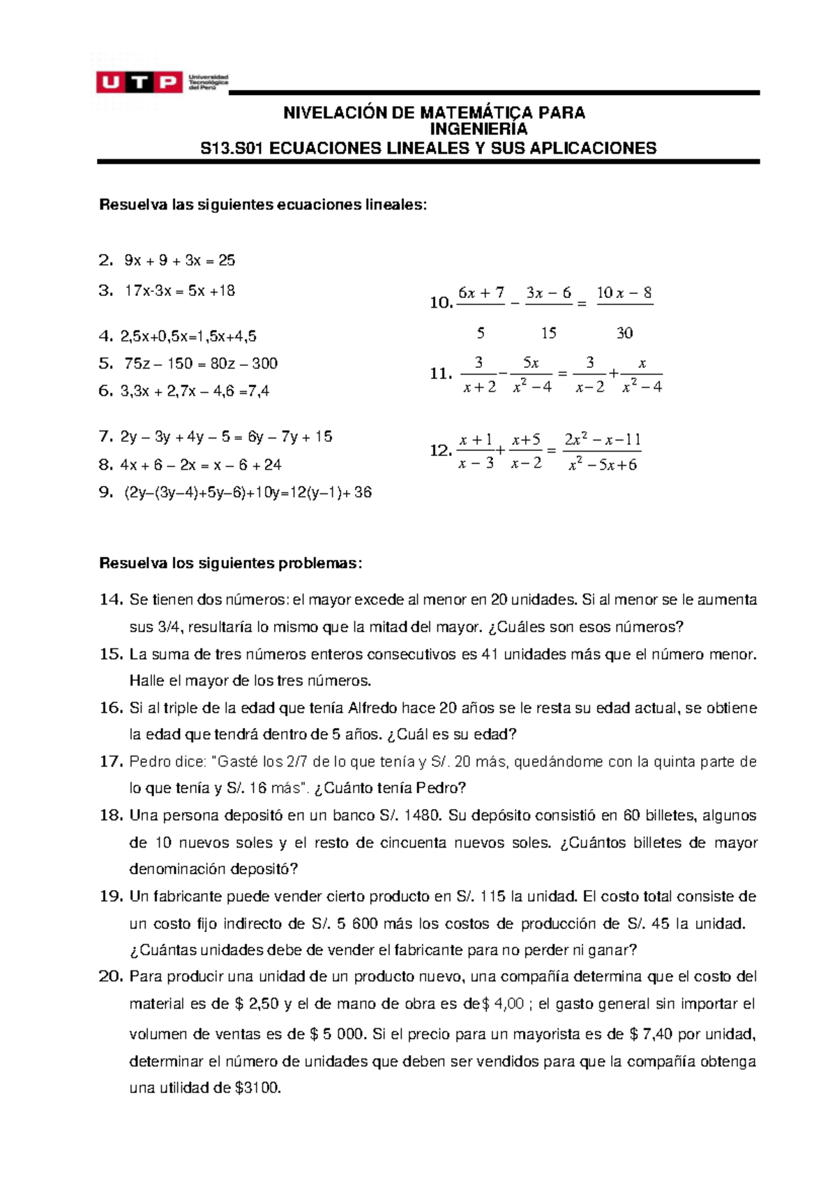S13.S01. Resolver ejercicios - NIVELACIÓN DE MATEMÁTICA PARA INGENIERÍA S13 ECUACIONES LINEALES ...