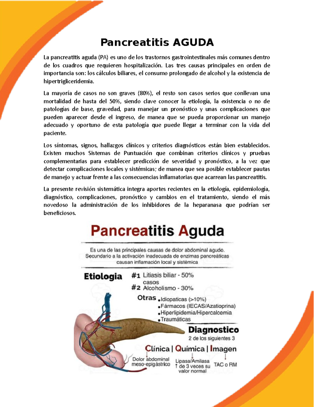 Fisiopato pancreas - Pancreatitis AGUDA La pancreatitis aguda (PA) es ...