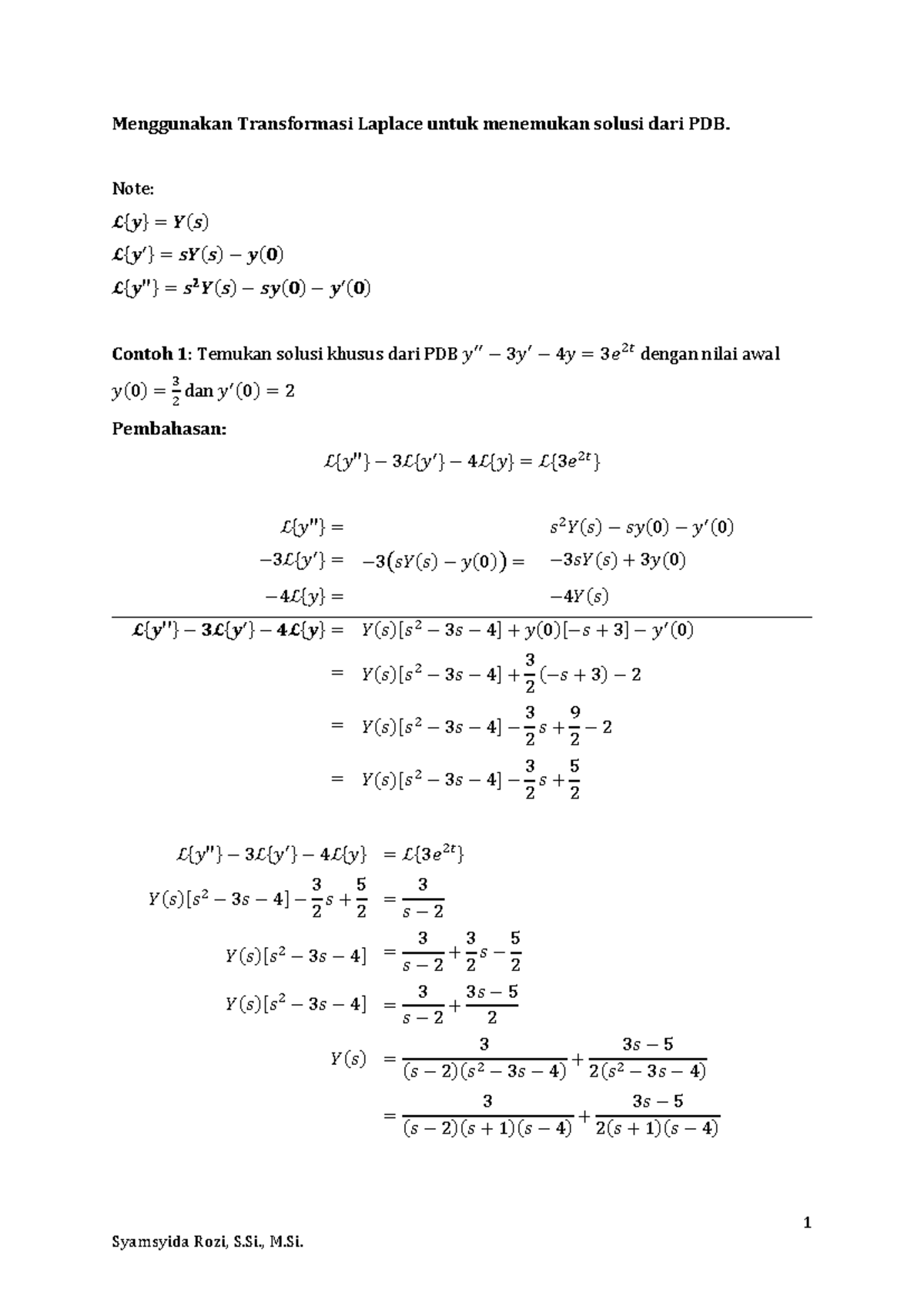 Transf Laplace Persamaan diff biasa - 1 Menggunakan Transformasi Laplace untuk menemukan solusi ...