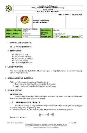 Integral Calculus Lecture Notes - IM No: MATH 2A-2S-2020- NVSU-FR-ICD ...