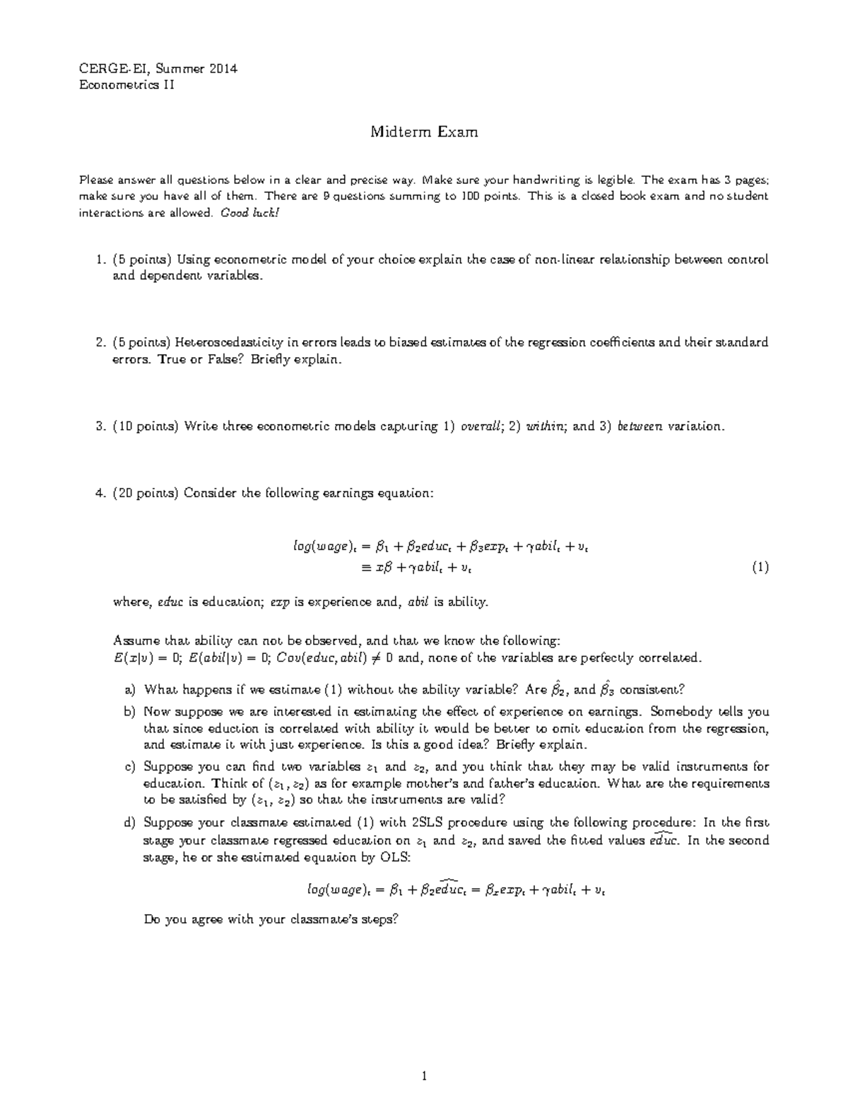 Econometrics exam - CERGE-EI, Summer 2014 Econometrics II Midterm Exam ...