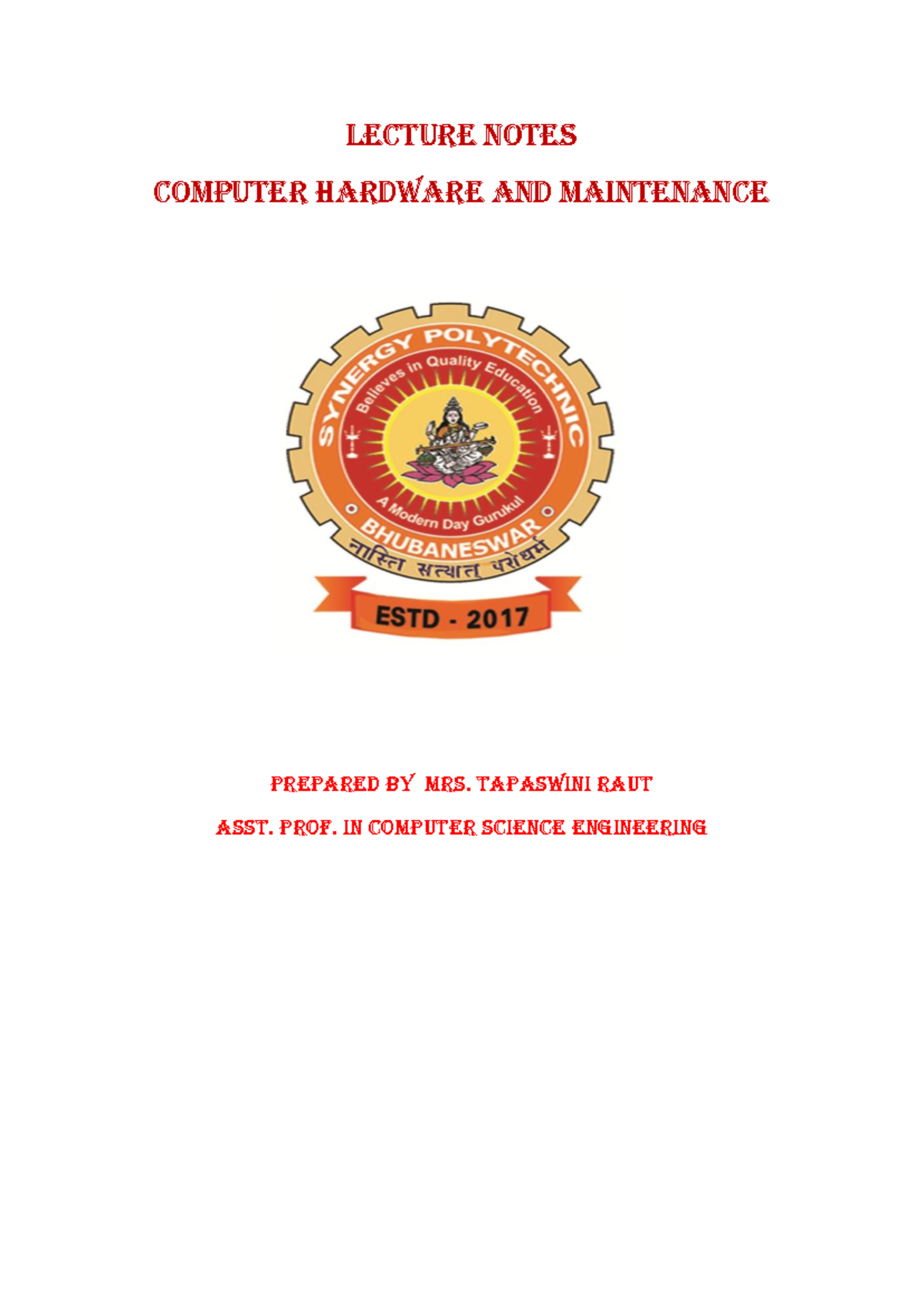 Lecture Notes Computer Hardware AND Maintenance - LECTURE NOTES ...