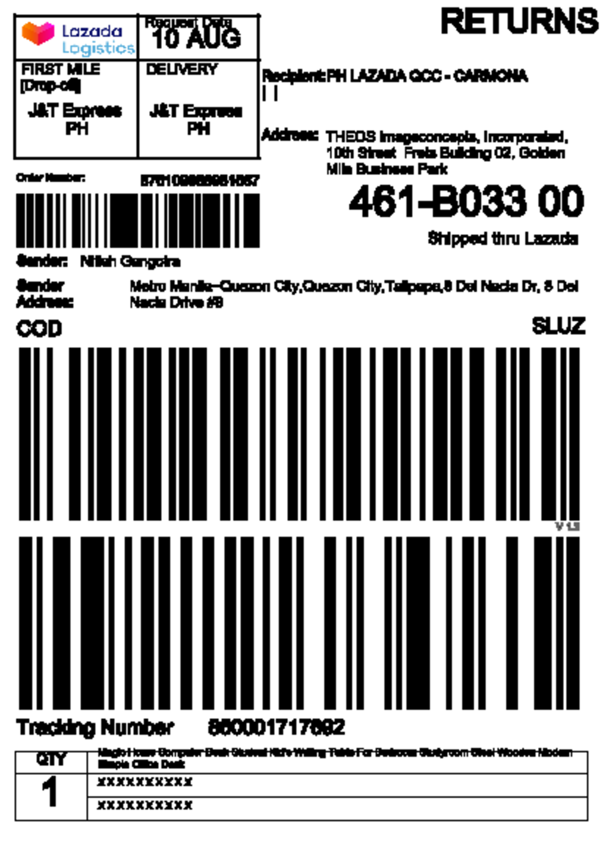 Return Label - This - Request Date Lazada RETURNS Logistics 10 AUG ...