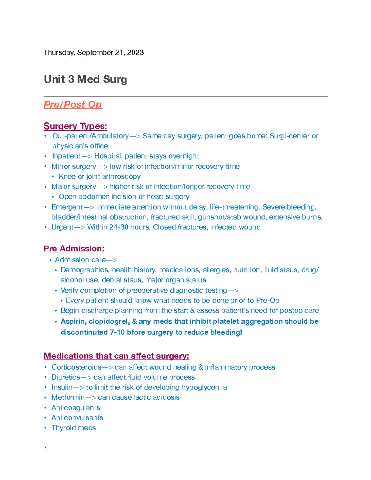 UNIT 3 med surg pre post OP - Thursday, September 21, 2023 Unit 3 Med ...