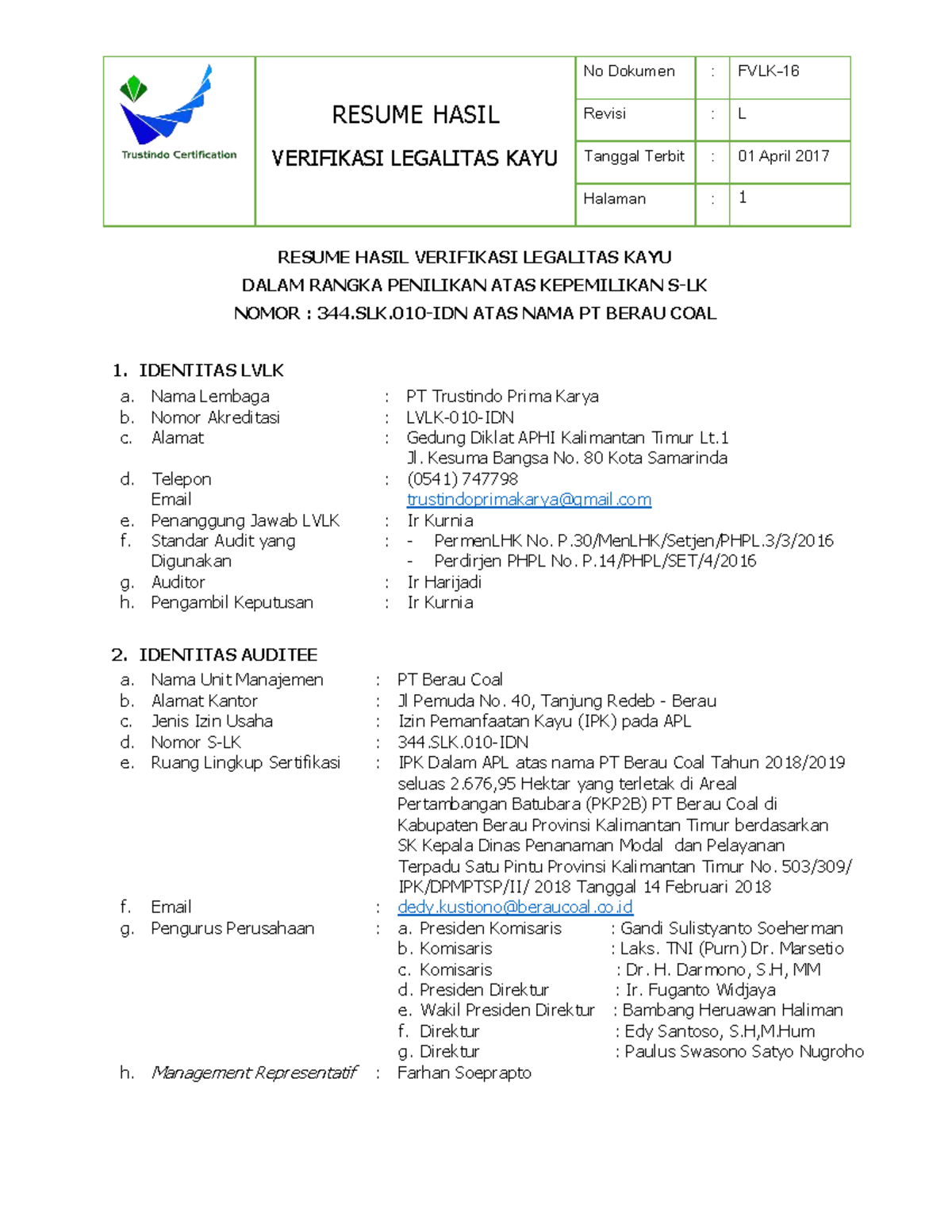 Resume Hasil Penilikan IPK-APL PT Berau Coal 2676-1 - 1 RESUME HASIL ...