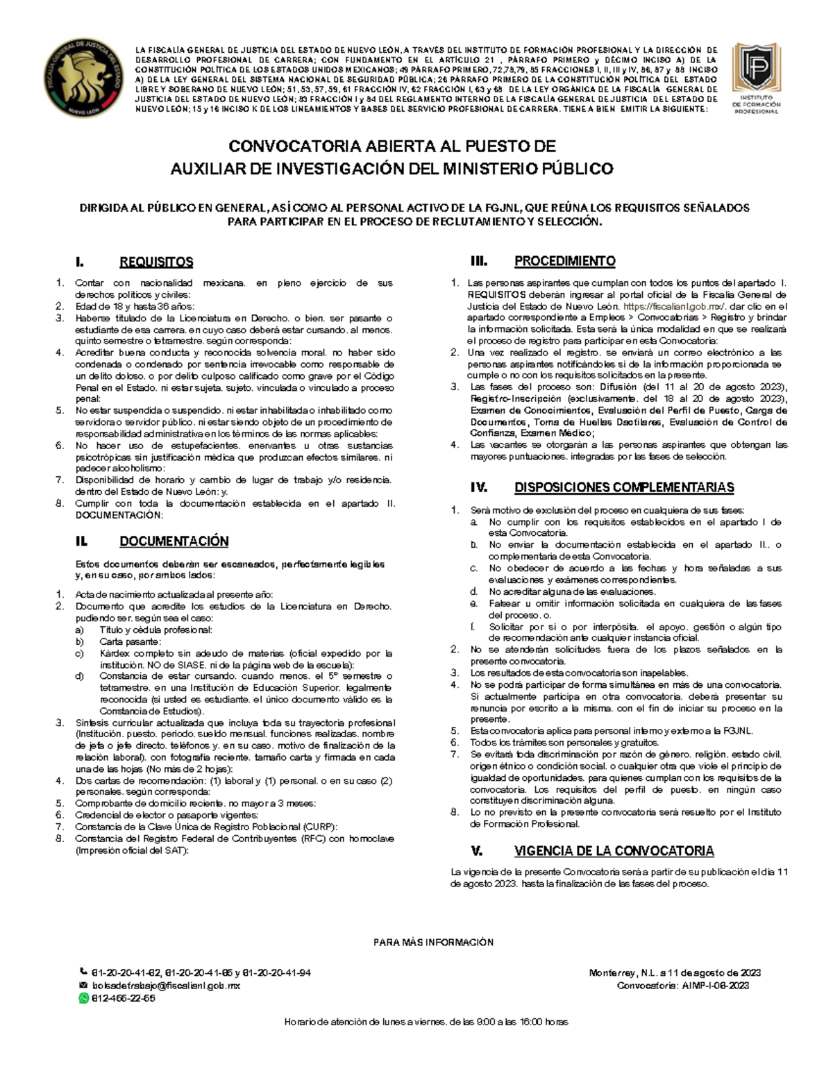 Convocatoria AIMP-I-08-2023 - LA FISCALÕA GENERAL DE JUSTICIA DEL ESTADO DE NUEVO LE”N, A TRAV ...