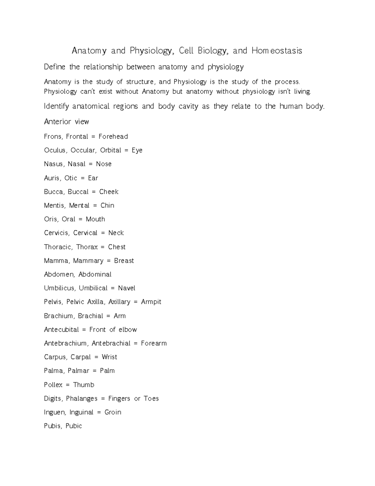 Terms list #1 - Anatomy and Physiology, Cell Biology, and Homeostasis ...