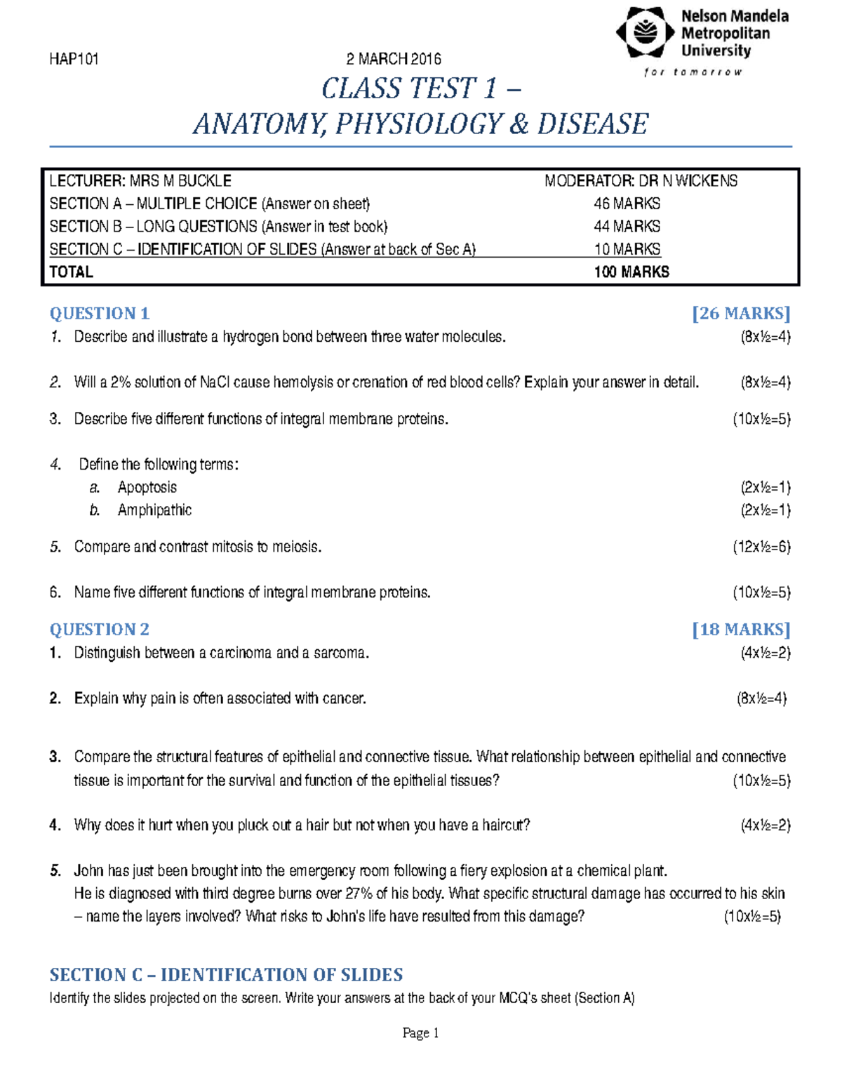 Class TEST 1 Section B 2016 - HAP101 2 MARCH 2016 CLASS TEST 1 ...