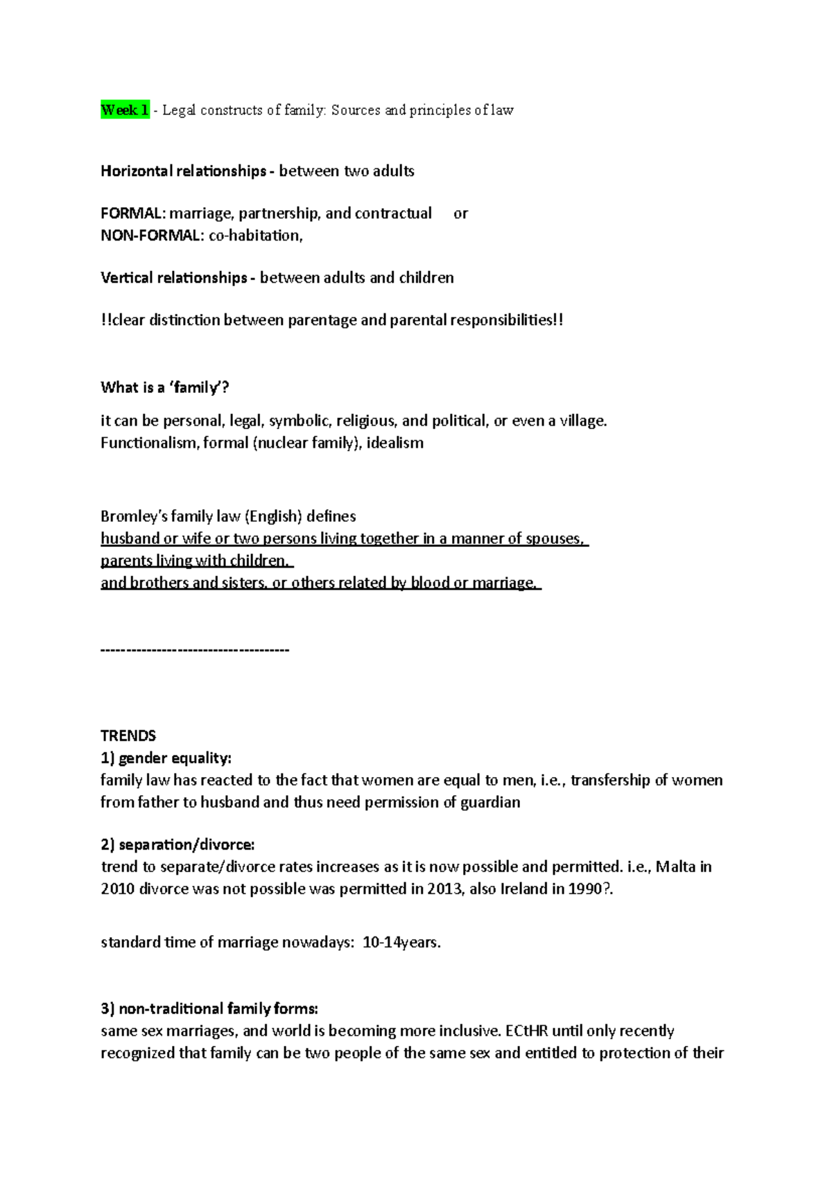 Family law notes - Week 1 - Legal constructs of family: Sources and ...