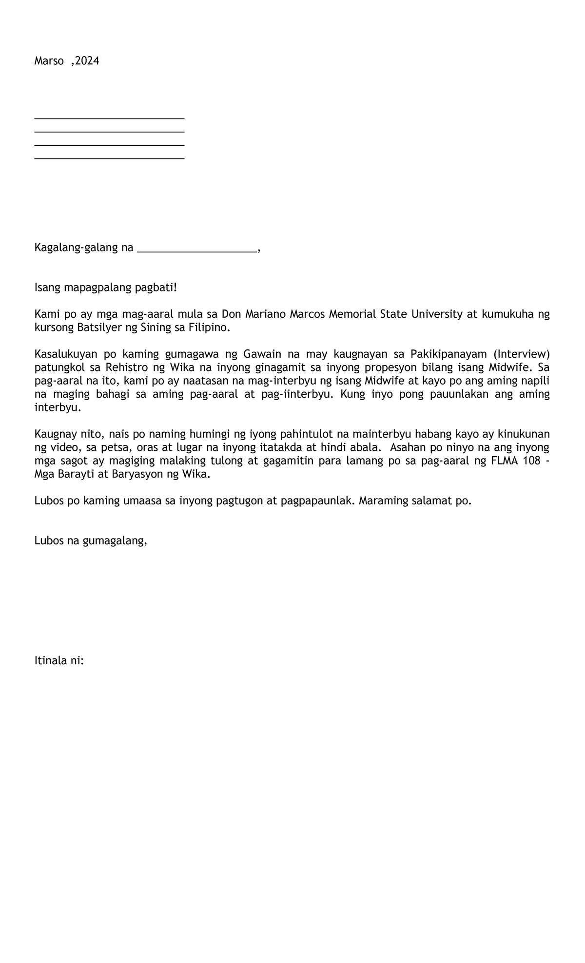 Midwife Letter IN Filipino - Marso , Kagalang-galang na ...