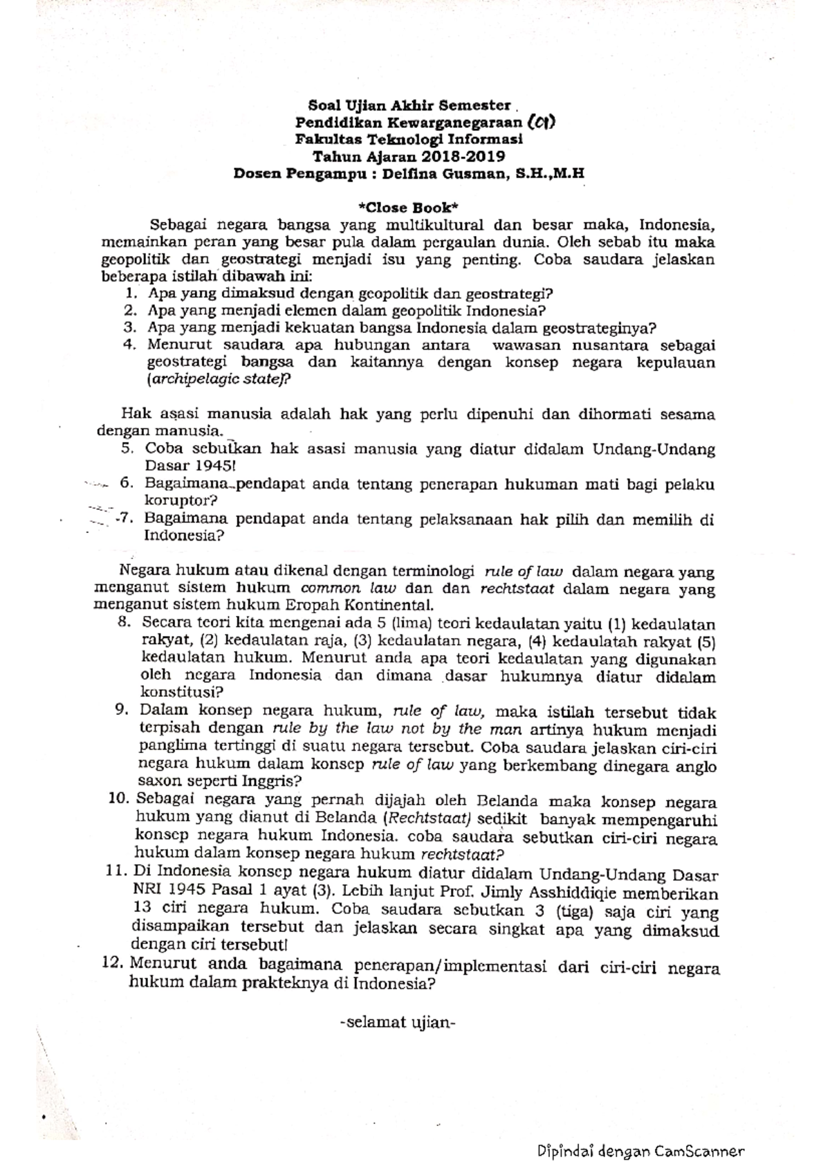 UAS KWN 2018-2019 - Soal UAS KWN - Pancasila dan kewarganegaraan - Studocu