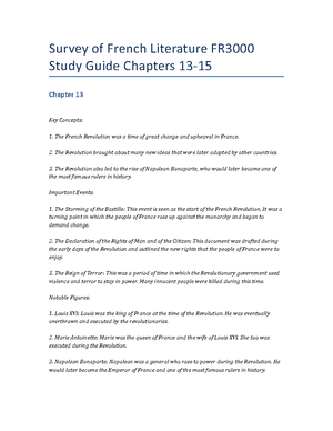 Survey of French Literature FR3000 Study Guide Chapters 19-21 - Survey ...