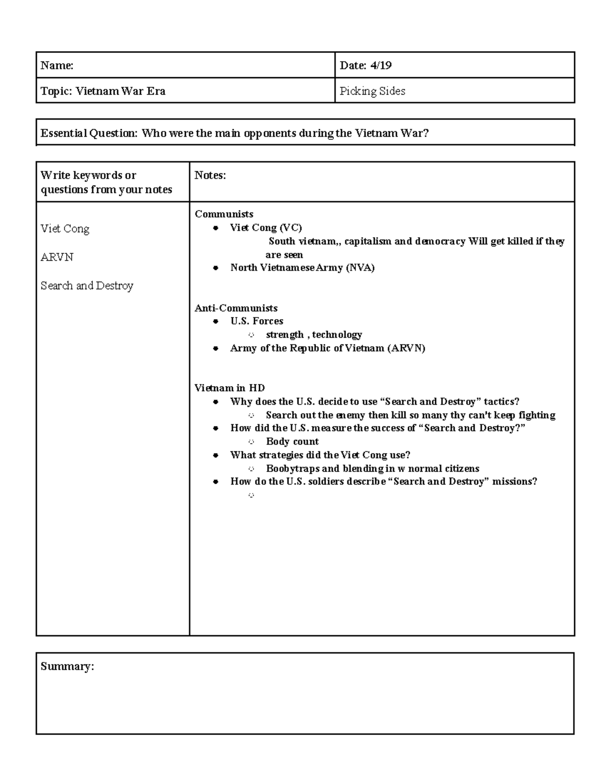 Copy of The War Begins, Vietnam - Name: Date: 4/ Topic: Vietnam War Era ...