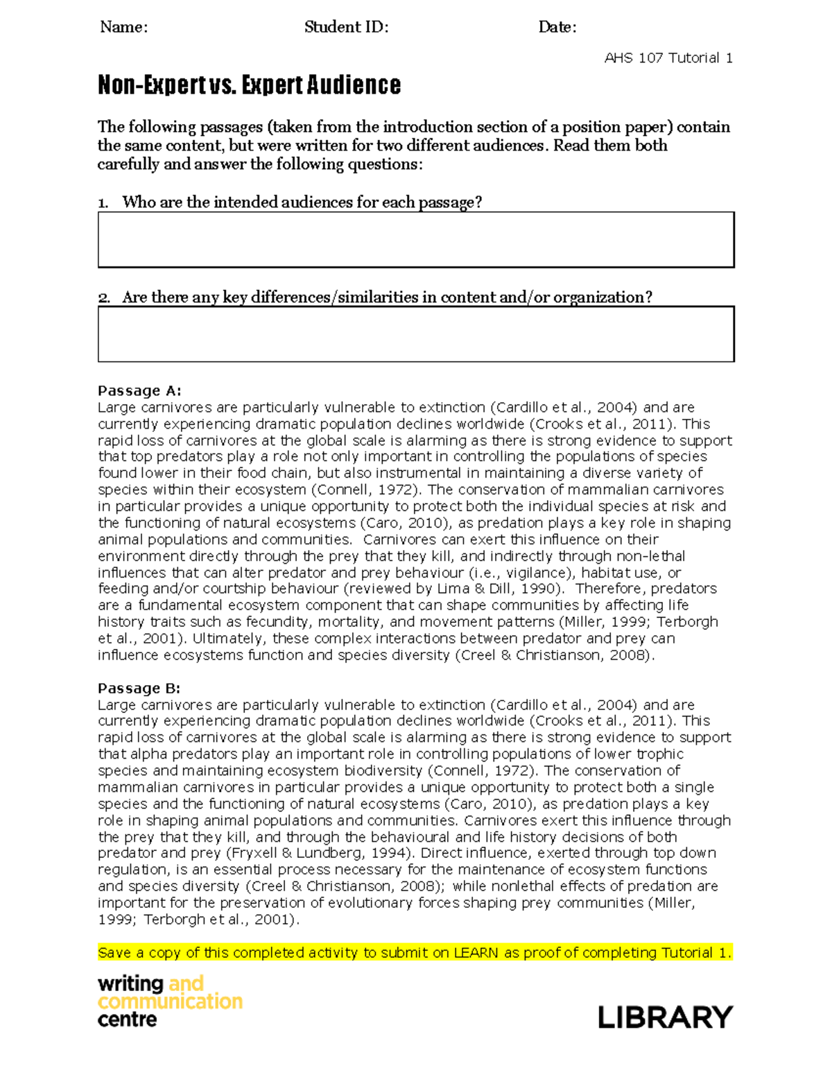 Tutorial 1 Worksheet - AHS 107 Tutorial 1 Non-Expert vs. Expert ...
