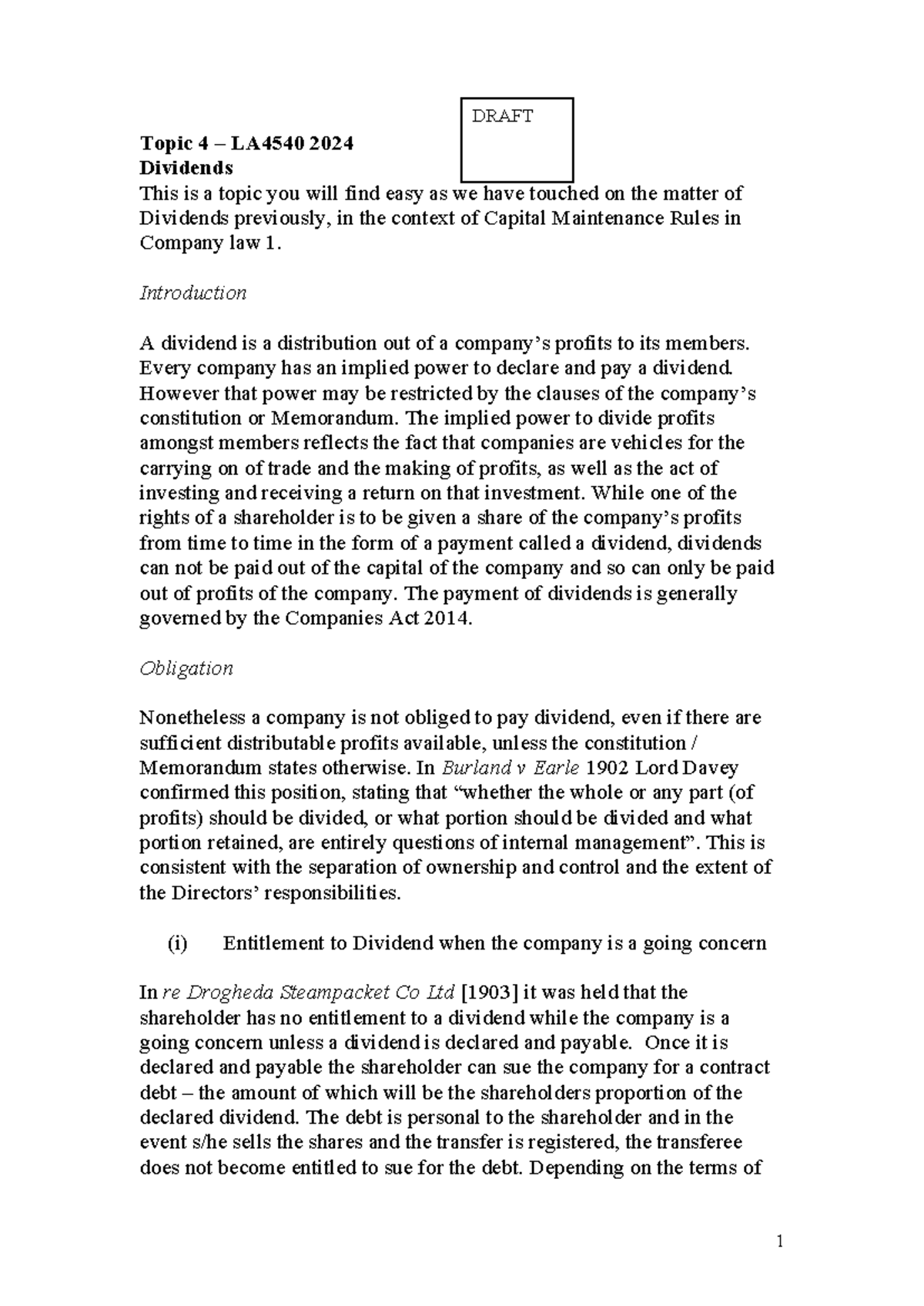 Dividends Notes - Topic 4 – LA4540 2024 Dividends This is a topic you ...