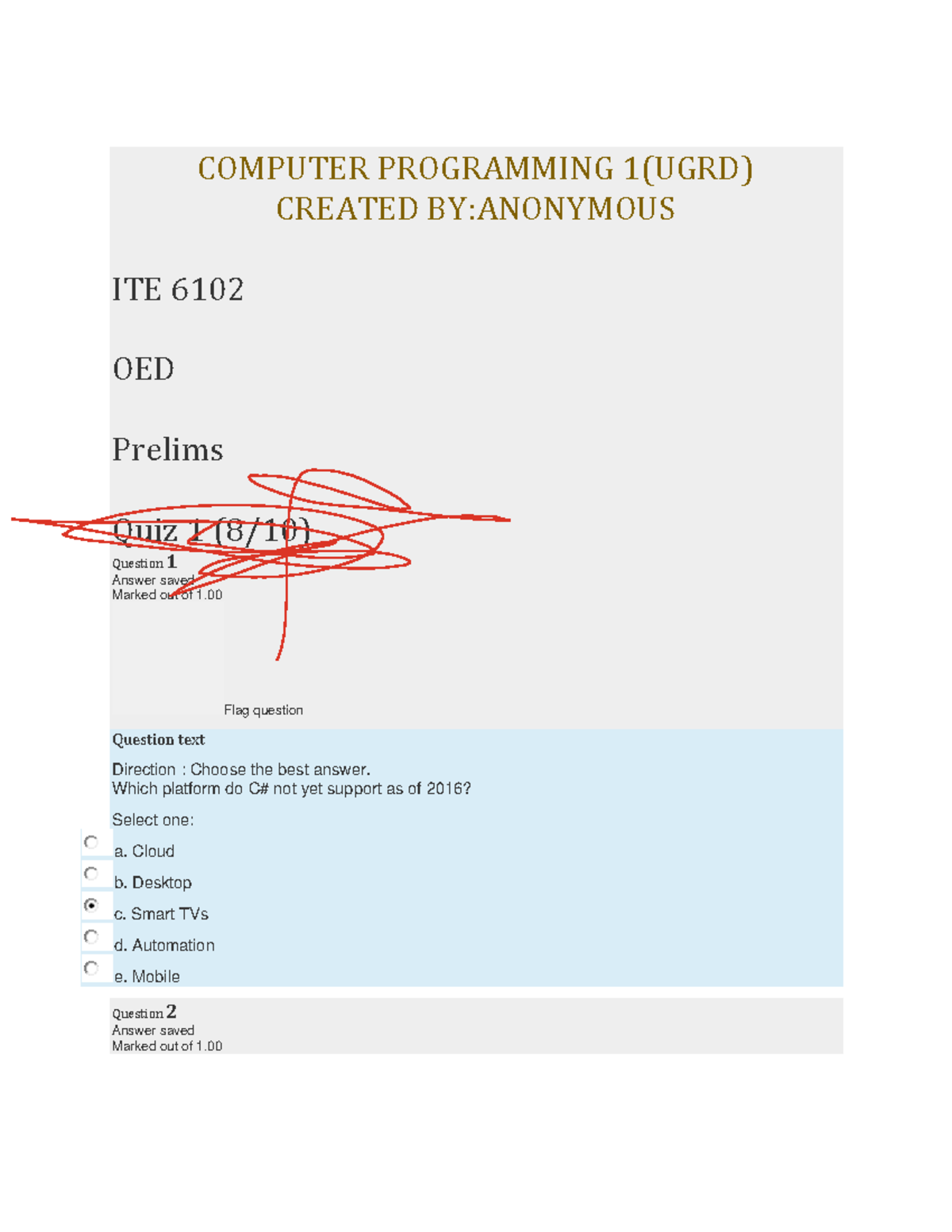 Test - testing - COMPUTER PROGRAMMING 1(UGRD) CREATED BY:ANONYMOUS ITE ...