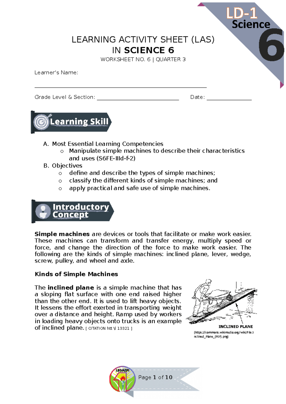 Learning Activity Sheet Simple Machine LEARNING ACTIVITY SHEET LAS