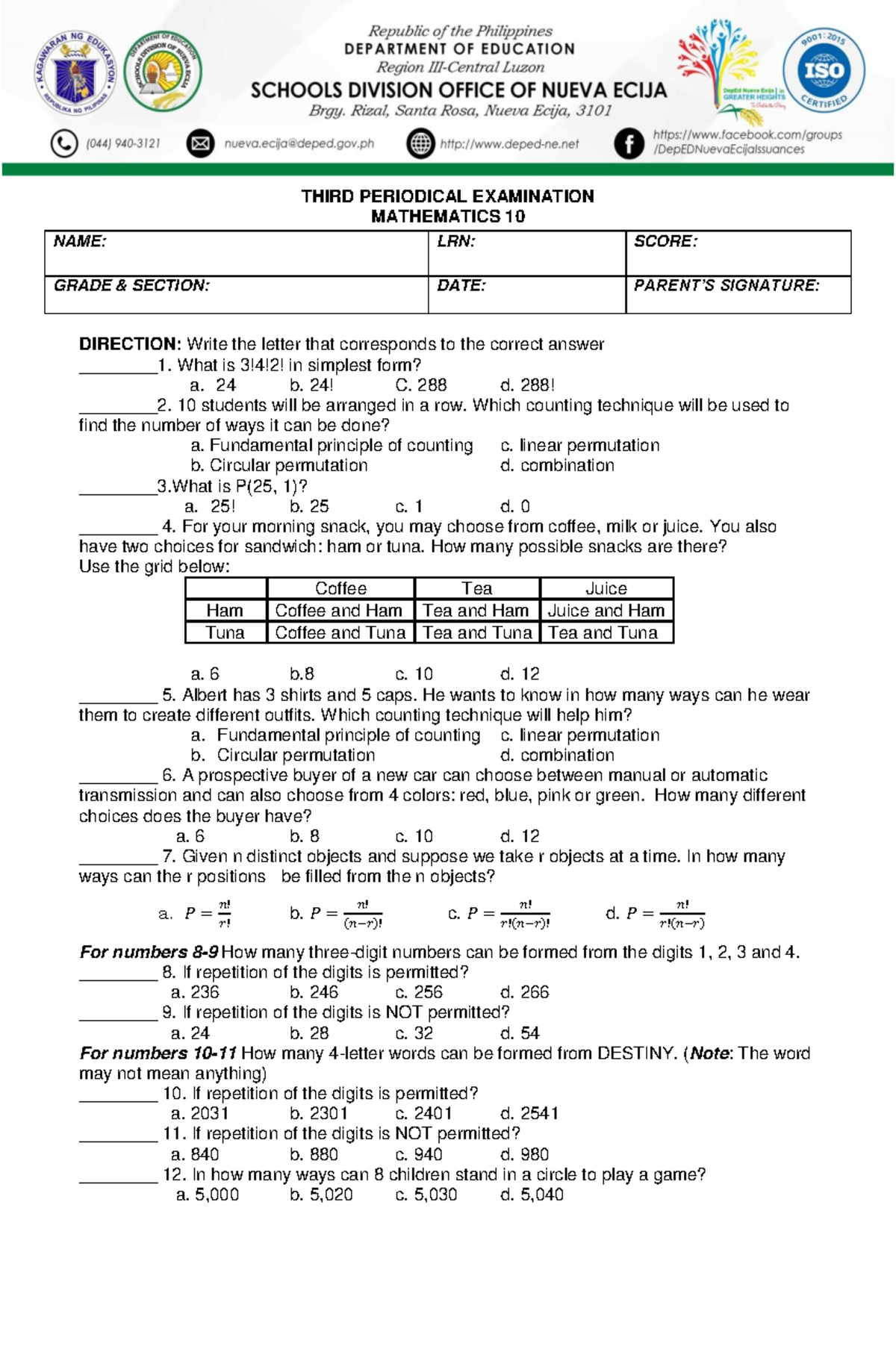 Questioner 2 - Mathematics 10 third quarter questionaires - THIRD ...