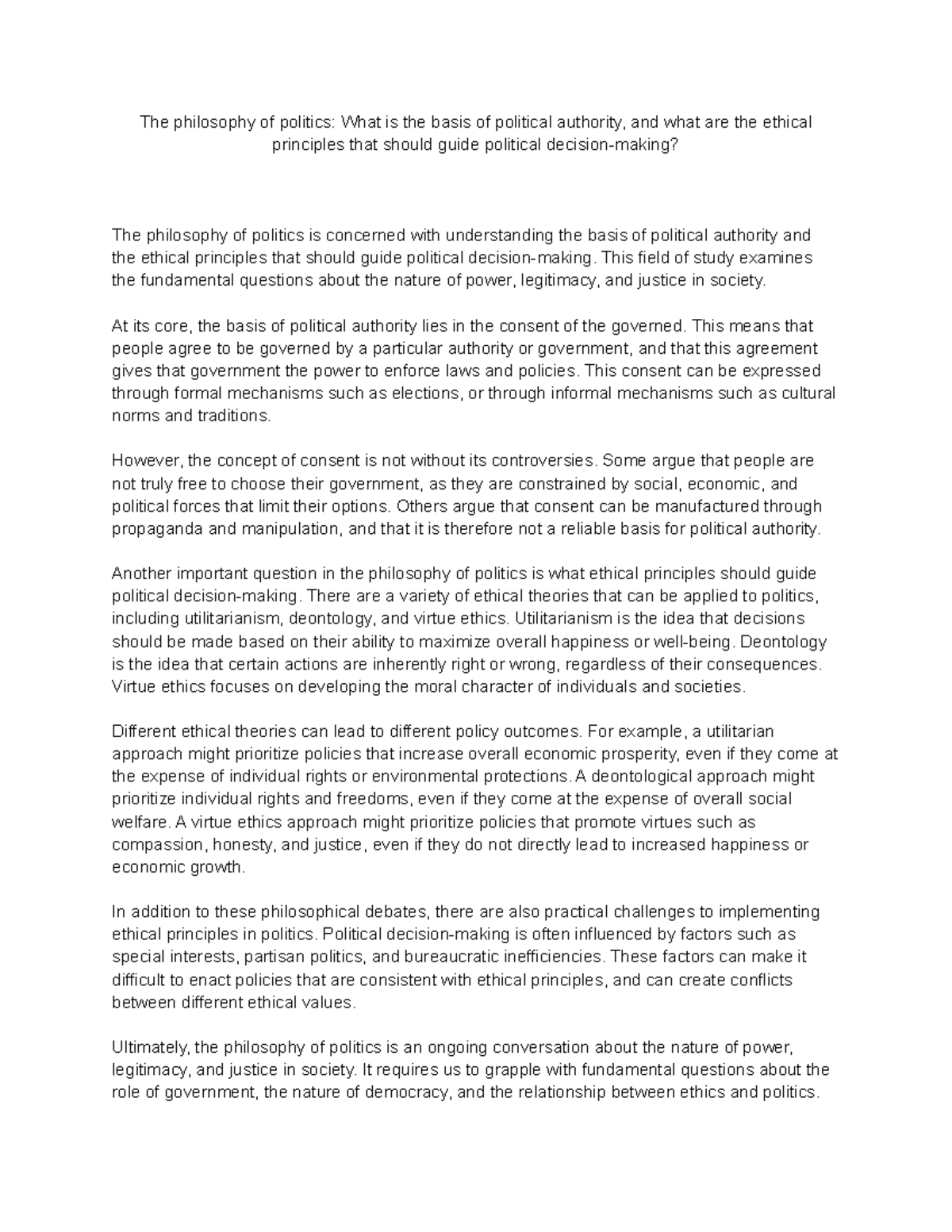 The philosophy of politics What is the basis of political authority ...