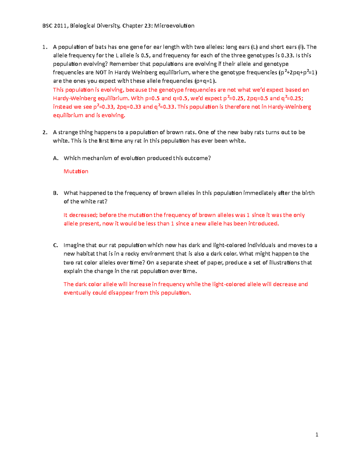 23 Microevolution Worksheet Key - A population of bats has one gene for ear length with two ...