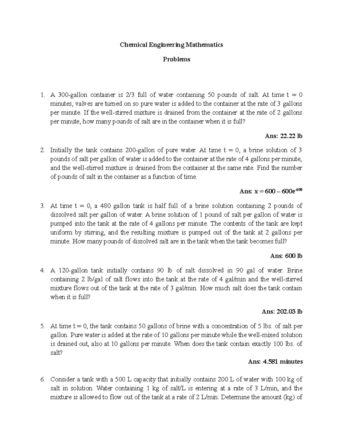Assignment 1 - Chemical Engineering Mathematics Problems A 300-gallon ...