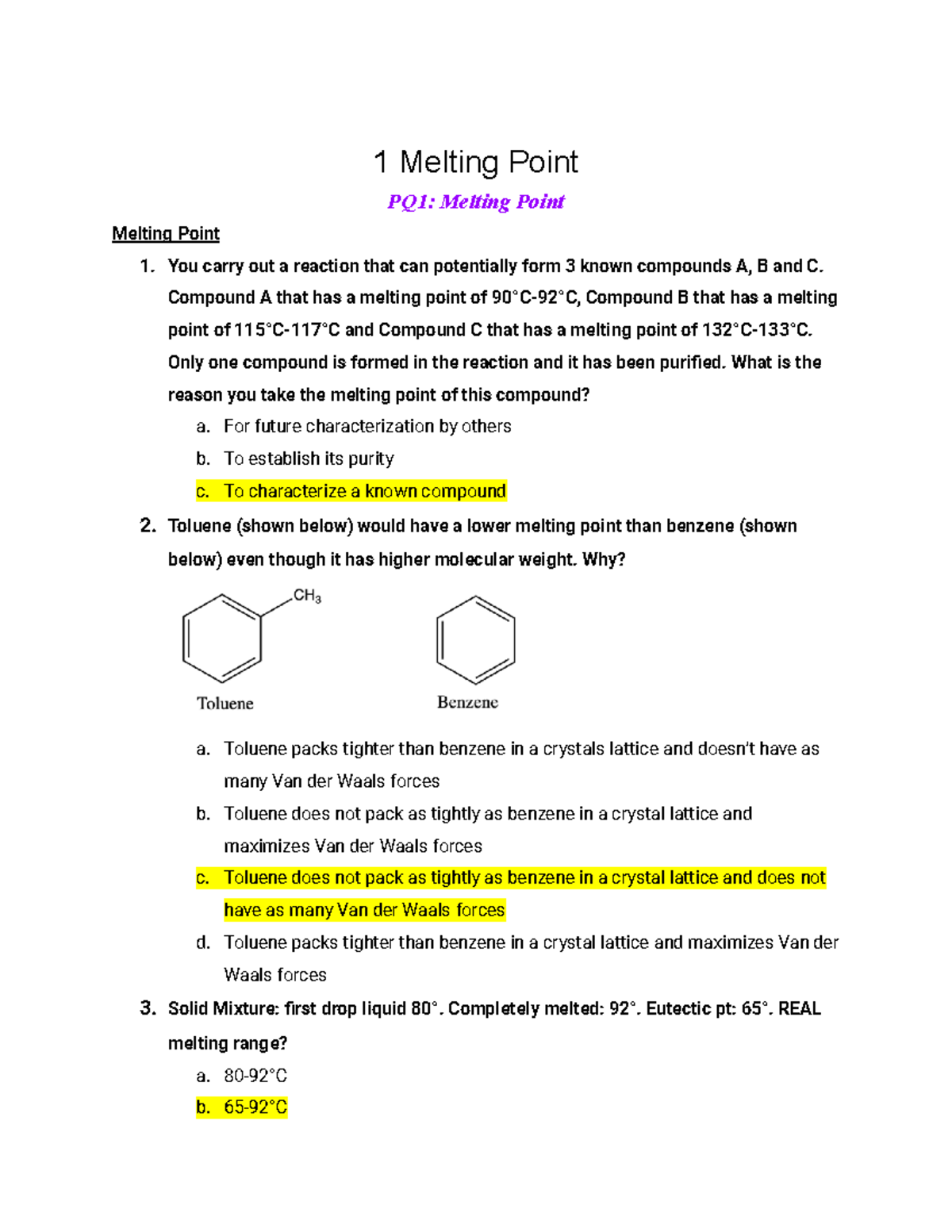 Copy of Orgo Lab Questions- Updated COPY - 1 Melting Point PQ1: Melting ...