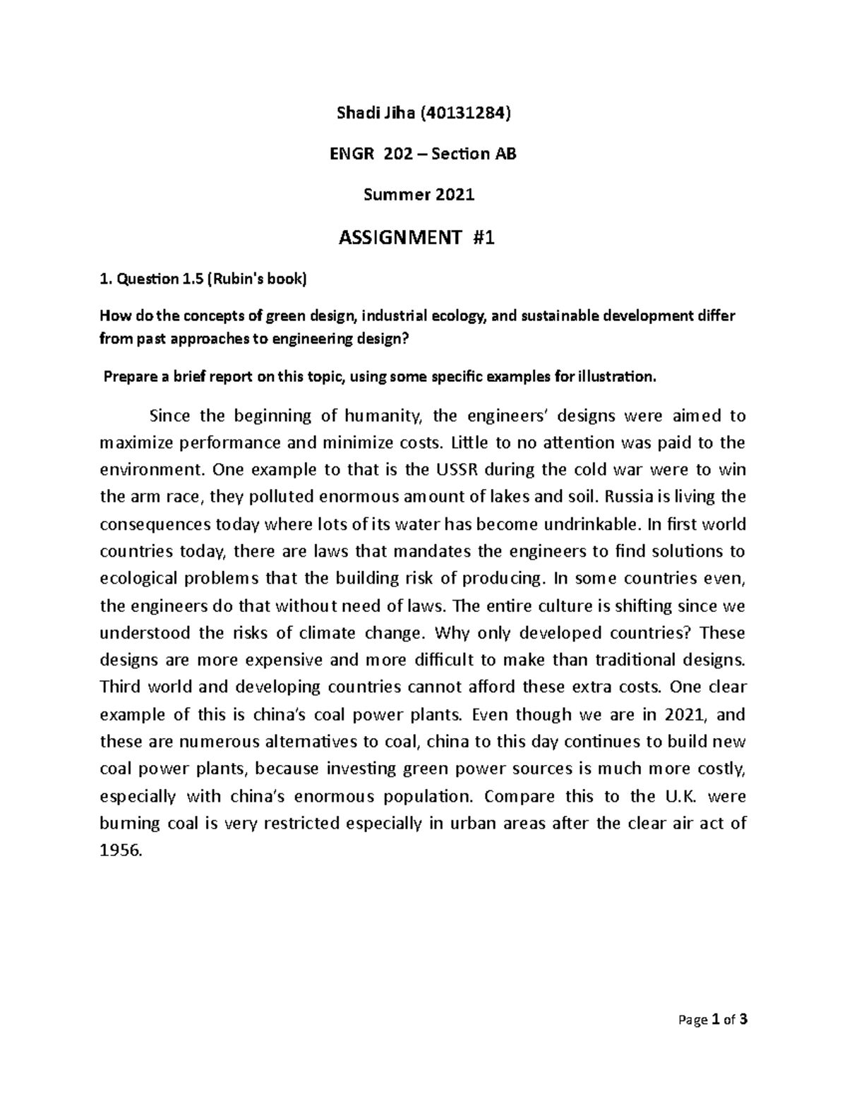 Assign Number 1 ENGR 202-AB Summer 2020 - Shadi Jiha (40131284) ENGR 202 – Section AB Summer ...