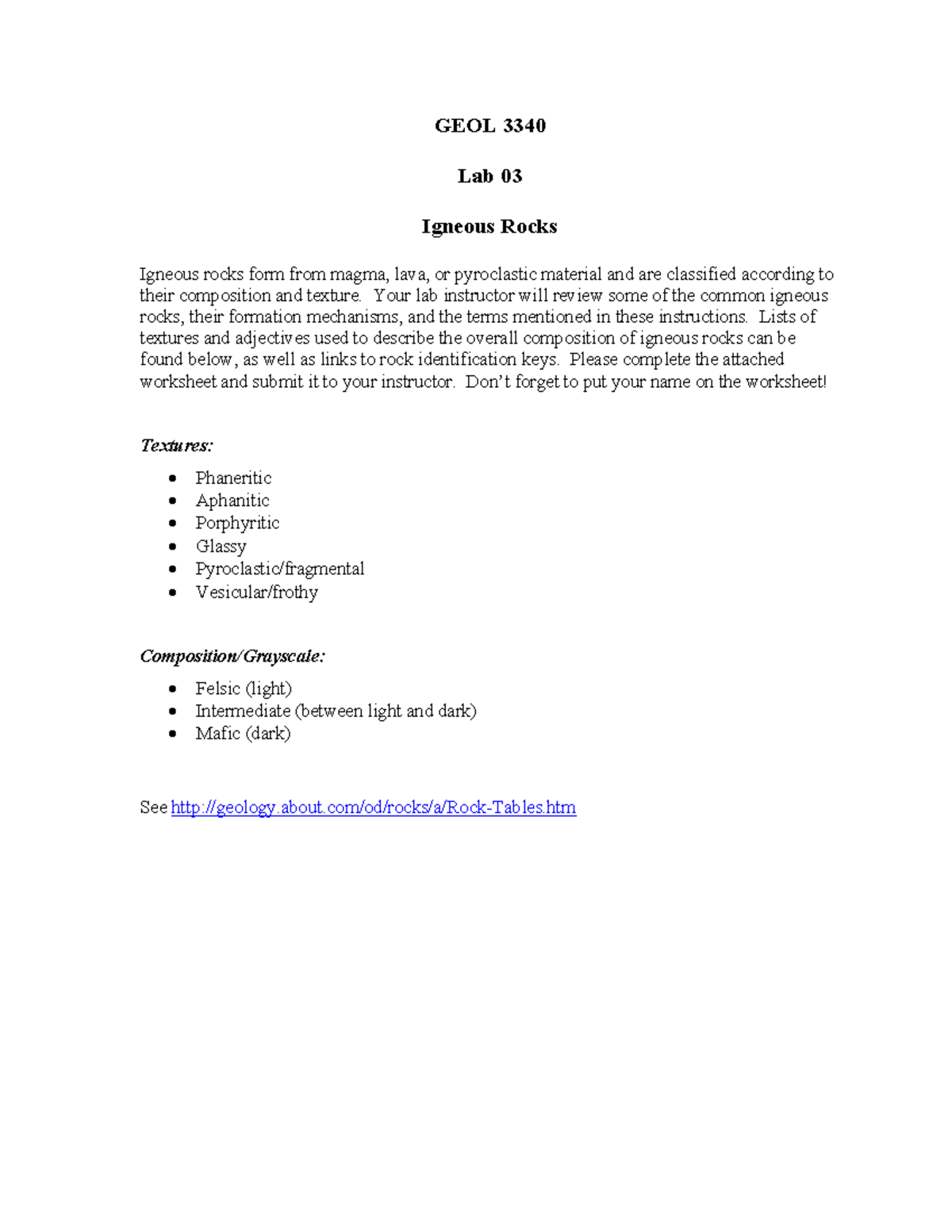 Assignment 3 Answer - N/A - GEOL 3340 Lab 03 Igneous Rocks Igneous ...