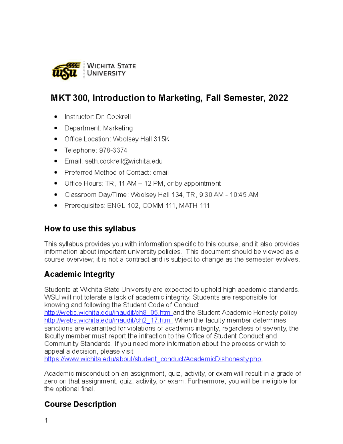 MKT 300 Syllabus Fall 2022 - MKT 300, Introduction to Marketing, Fall ...