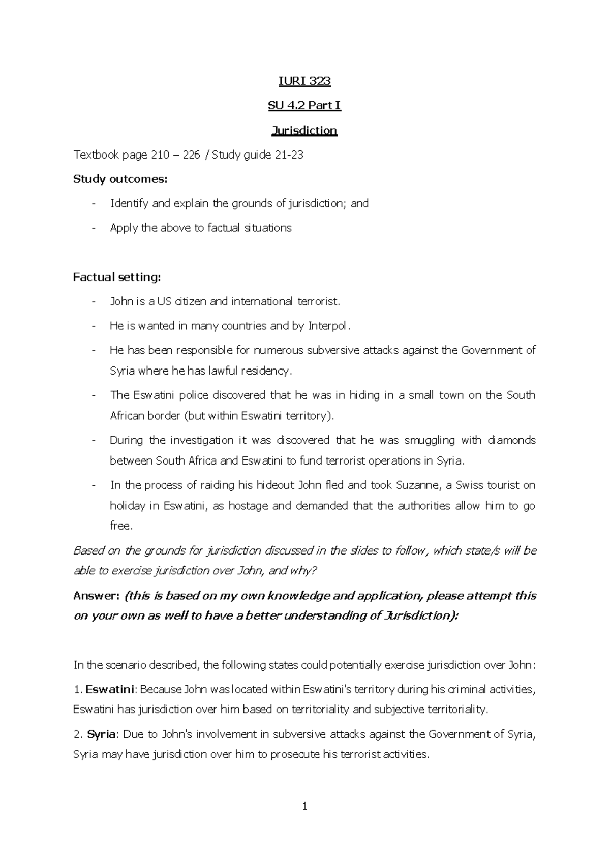 323 Study Unit 4.2 Part I - IURI 323 SU 4 Part I Jurisdiction Textbook page 210 – 226 / Study ...