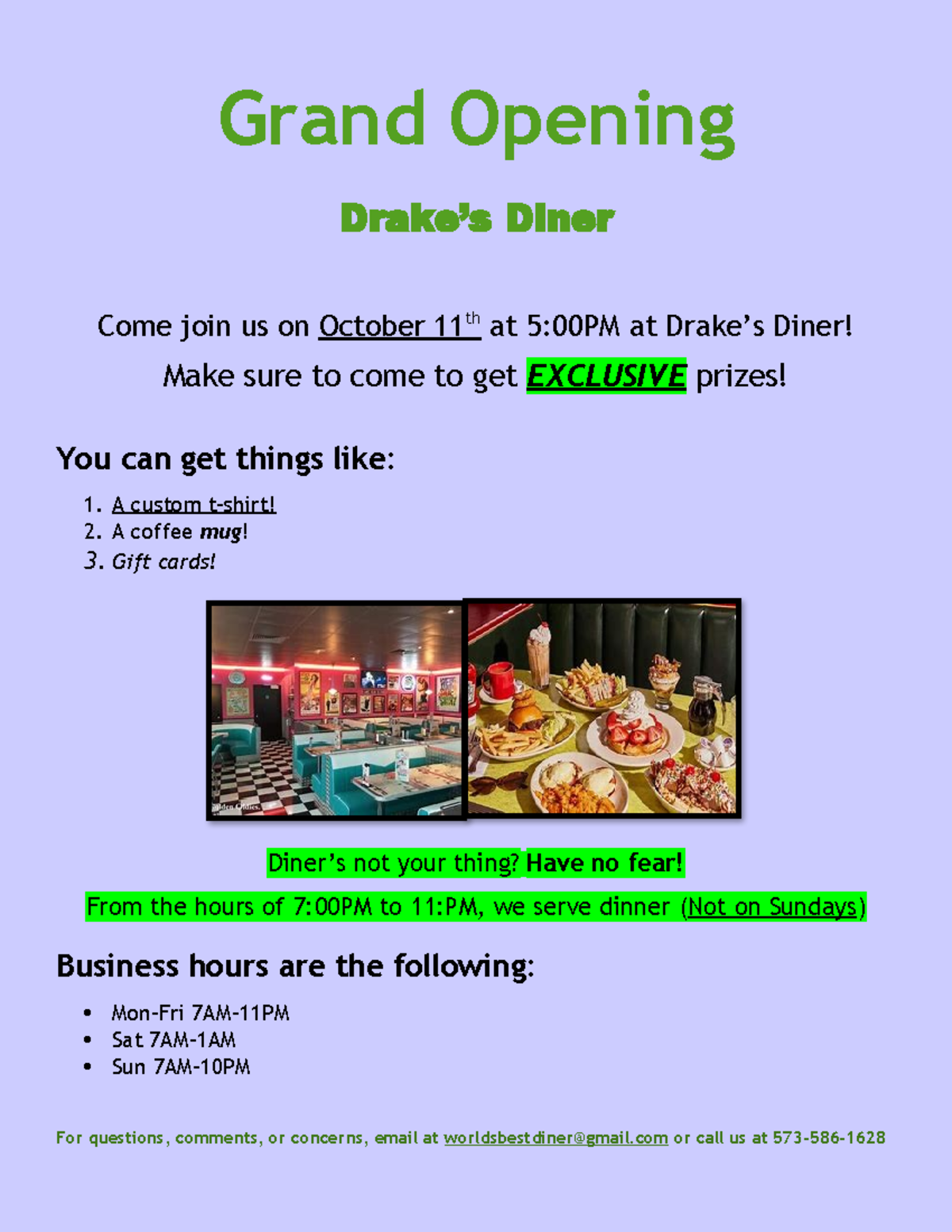 Ch.1 Summative flyer - sdffds - Grand Opening Drake’s Diner Come join ...