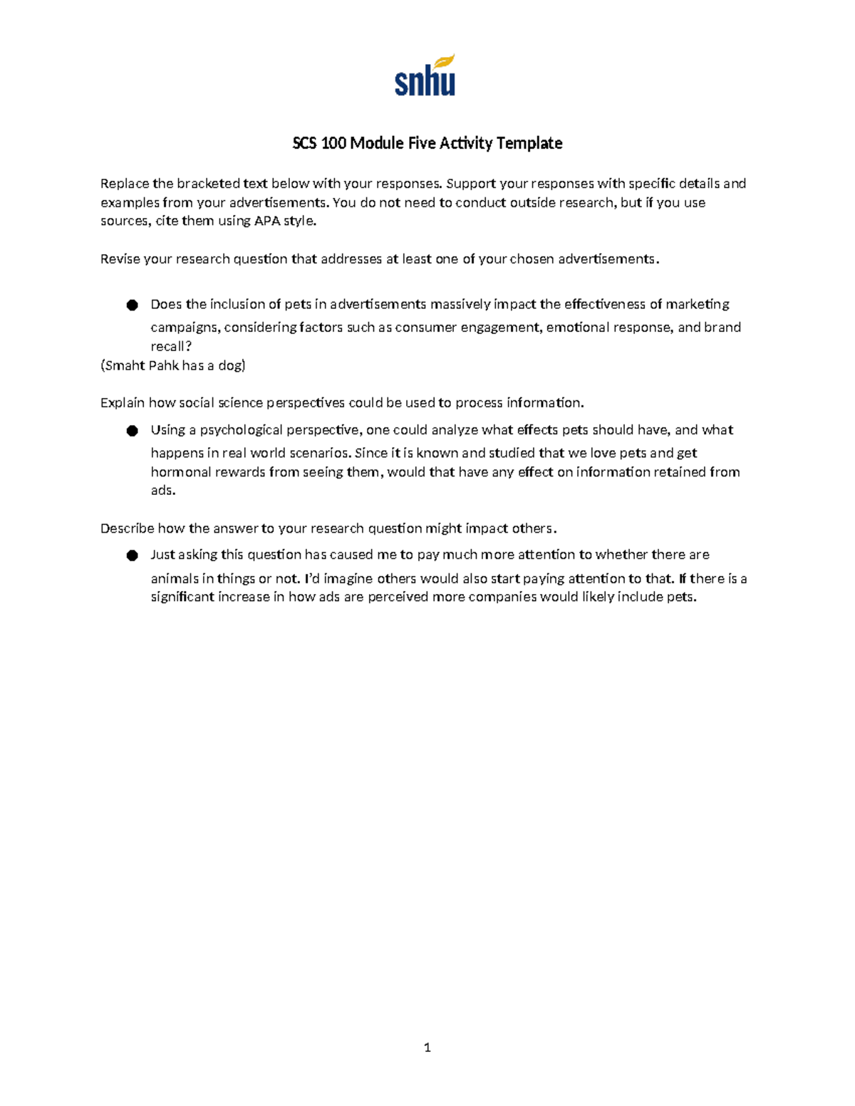 SCS 100 Module Five Activity Template - SCS 100 Module Five Activity Template Replace the ...
