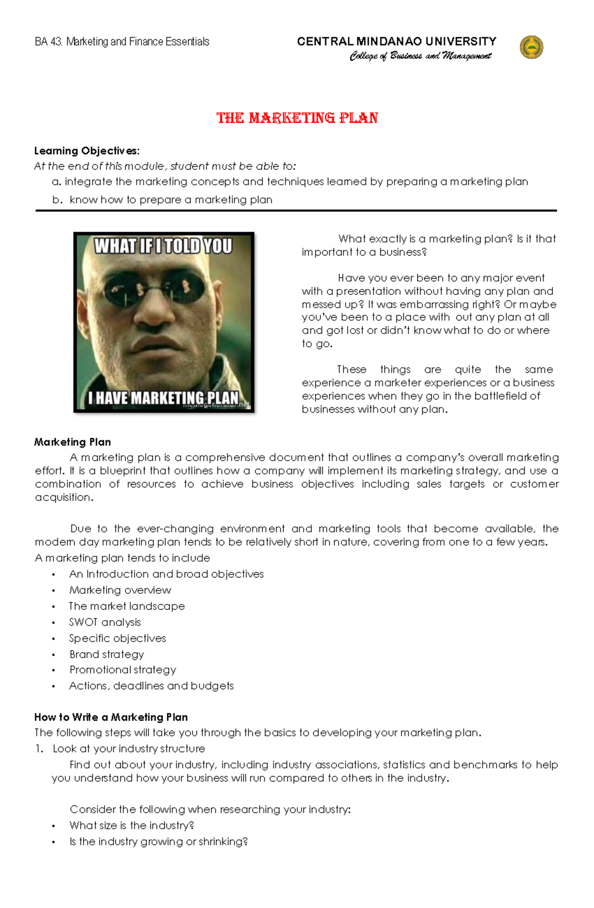 Unit 6 The Marketing Plan - College of Business and Management The ...